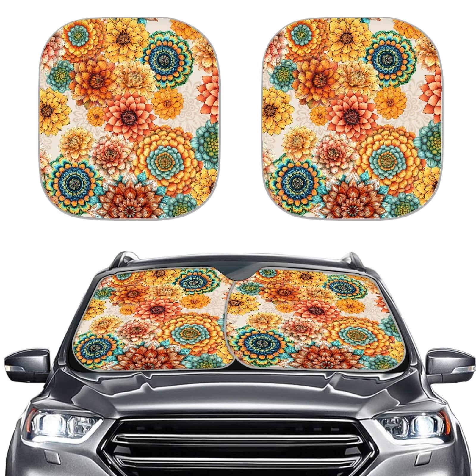 KUIFORTI Bohemian Flower Windshield Sun Shade for Car Window, 2 Pack ...