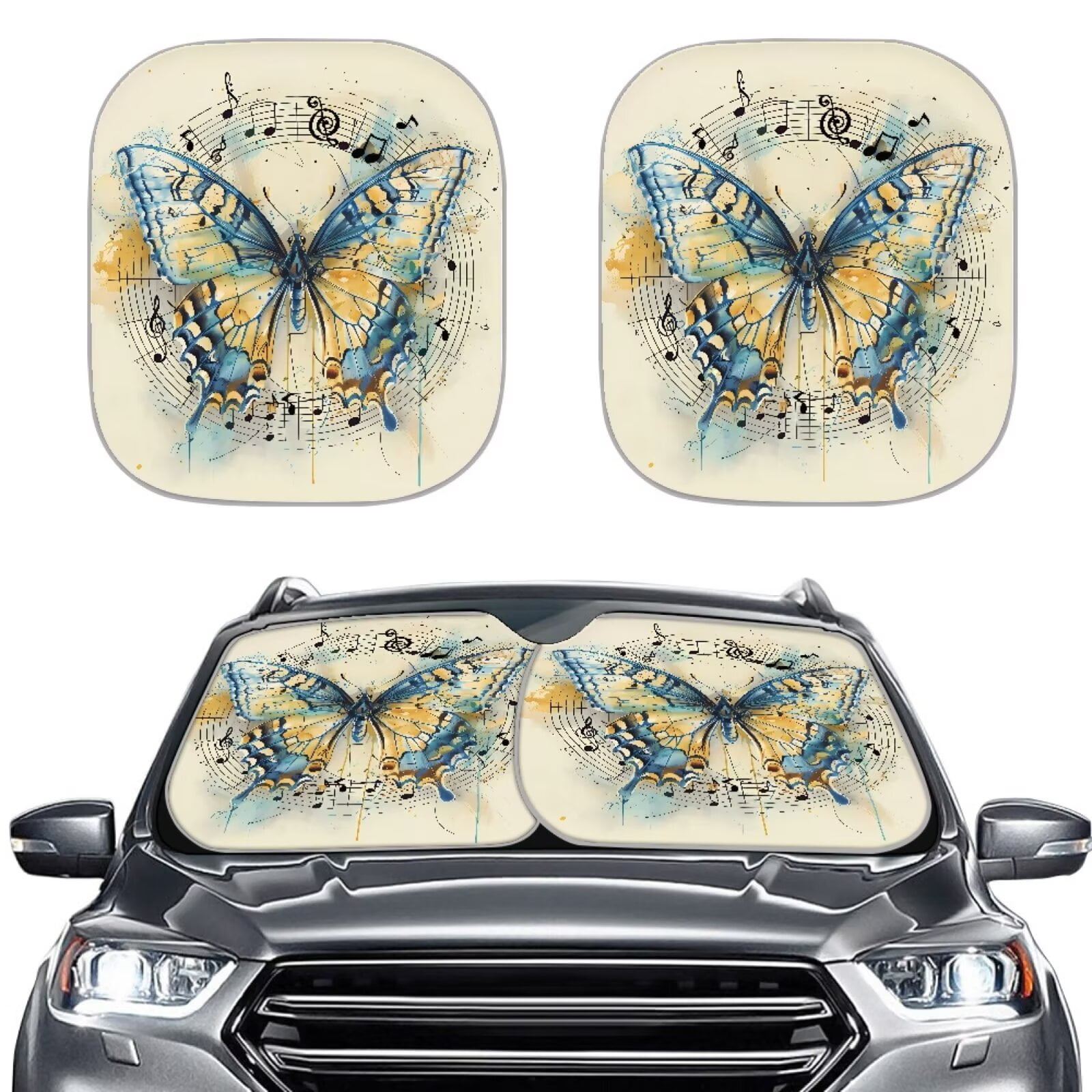 KUIFORTI Butterfly Car Windshield Sun Shade, Music Note Print Car Sun ...