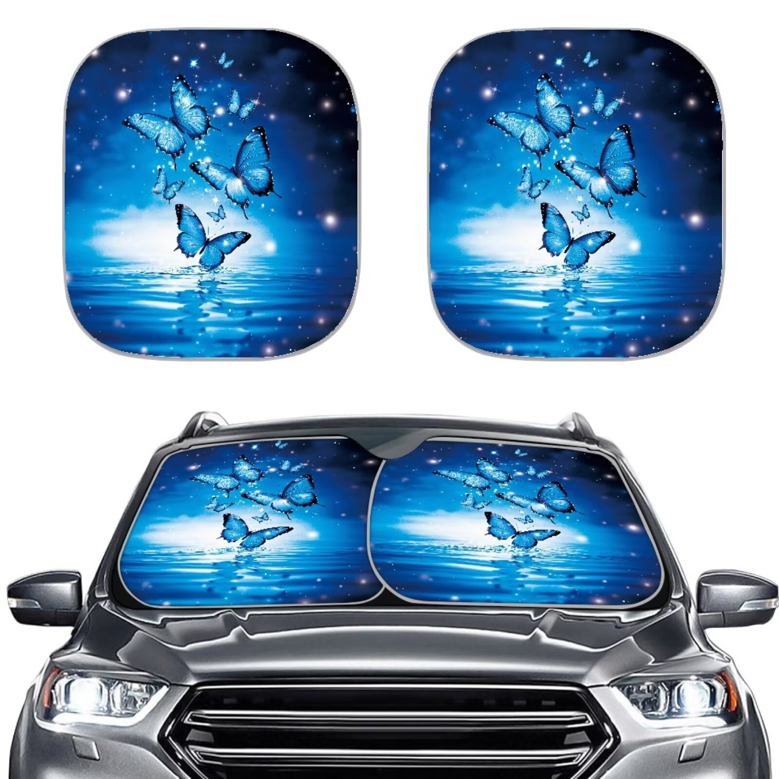 KUIFORTI Butterfly Windshield Sun Shade, Blue Car Window Shade Keep ...