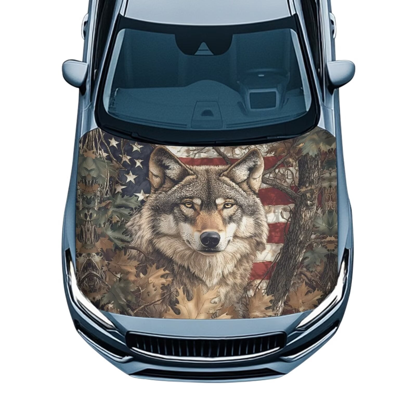 KUIFORTI Camo Car Hood Flag Cover American Flag for Car Hood Cover Wolf ...