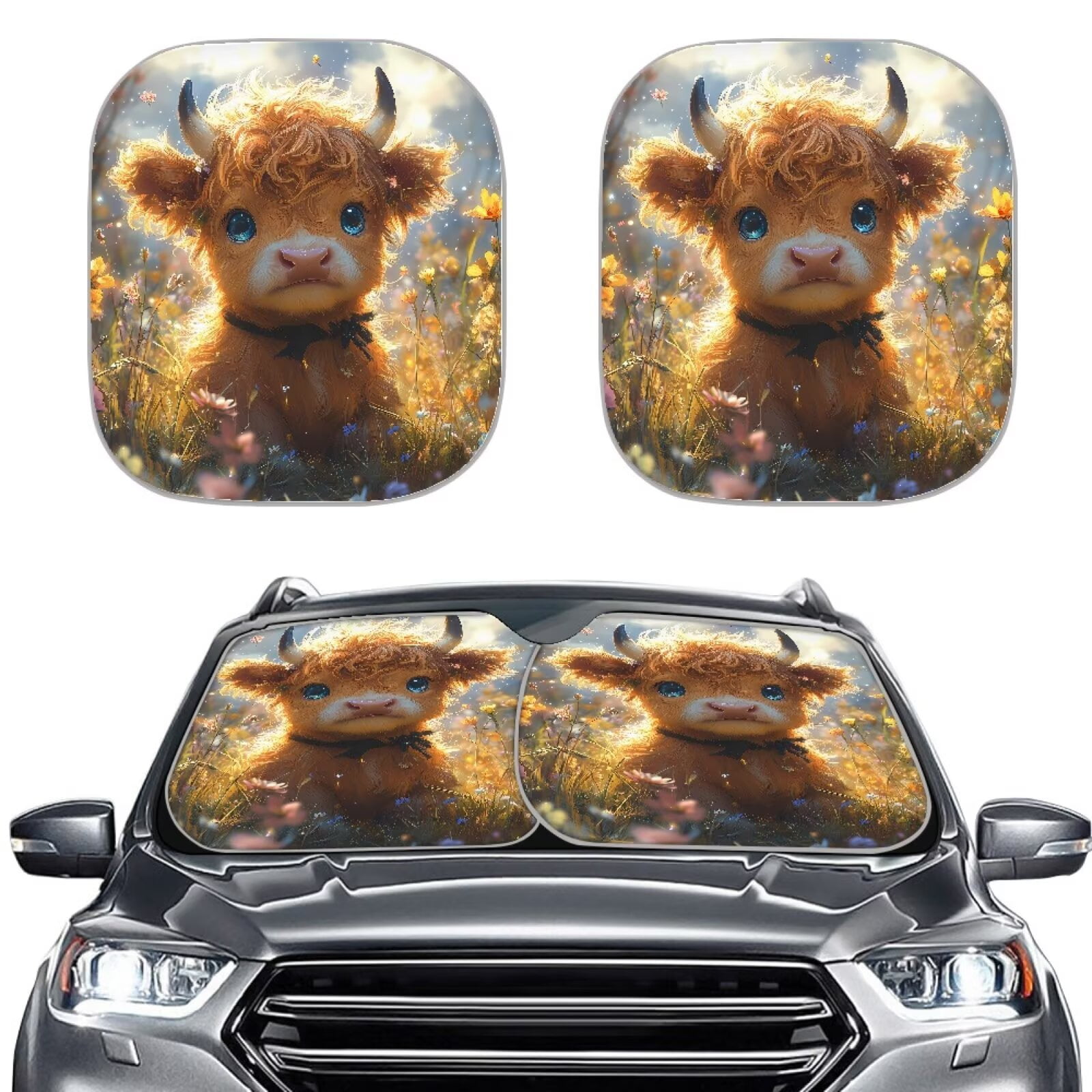 KUIFORTI Car Windshield Sun Shade Cute Highland Cow Car Window Shades ...