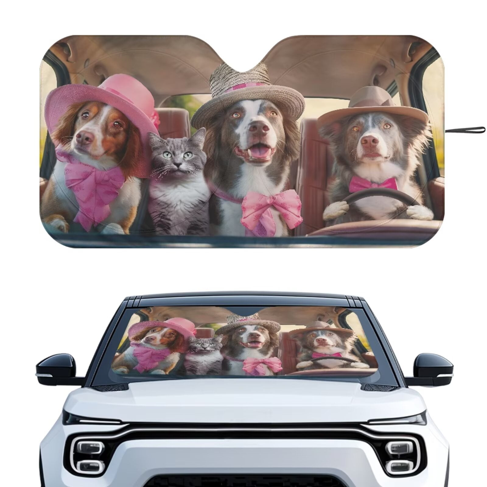 KUIFORTI Car Windshield Sun Shade Funny Dogs Cat Sunshade, 66.53" x 34. ...