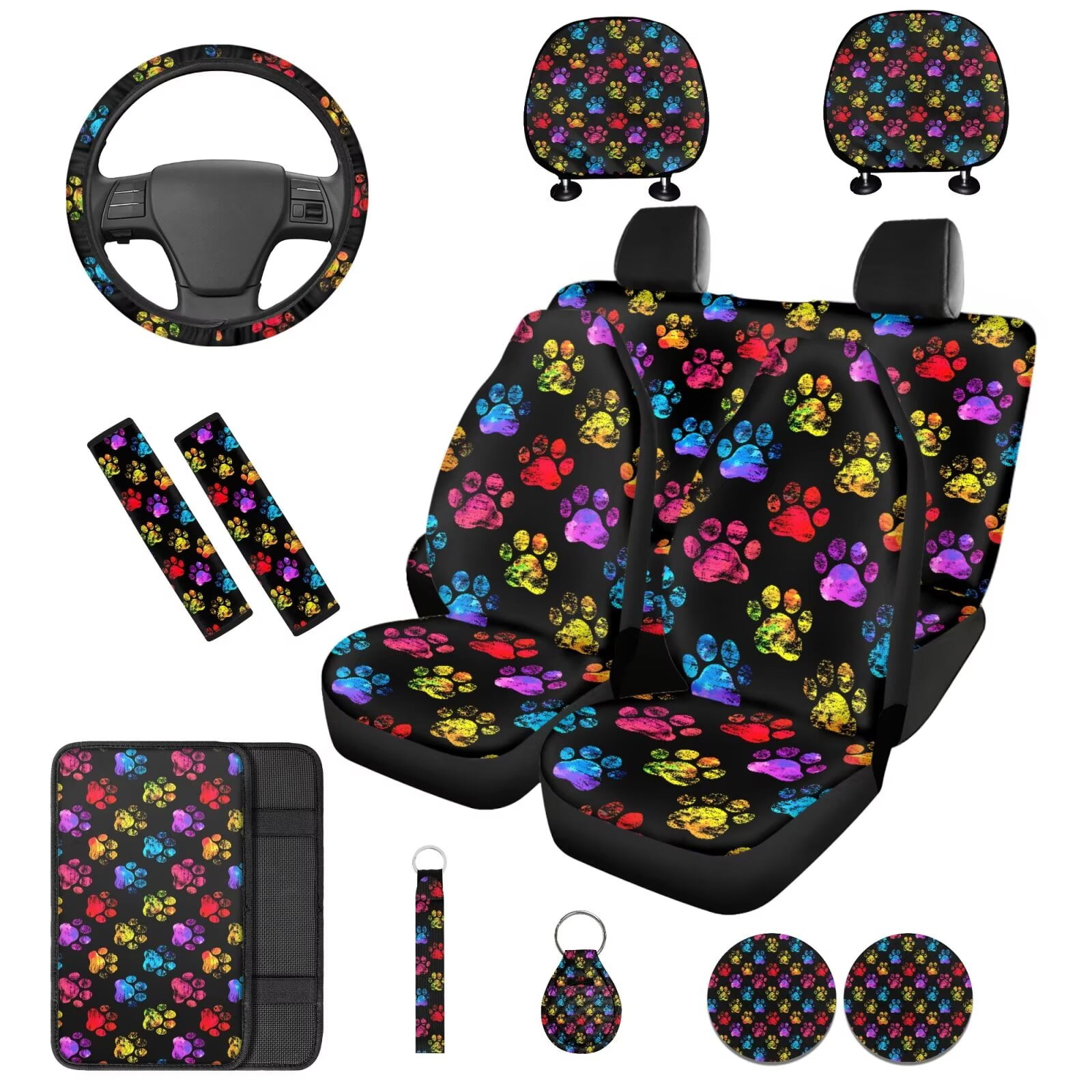 KUIFORTI Colorful Paws Auto Seat Covers 14 Pieces with Car Seat Belt ...