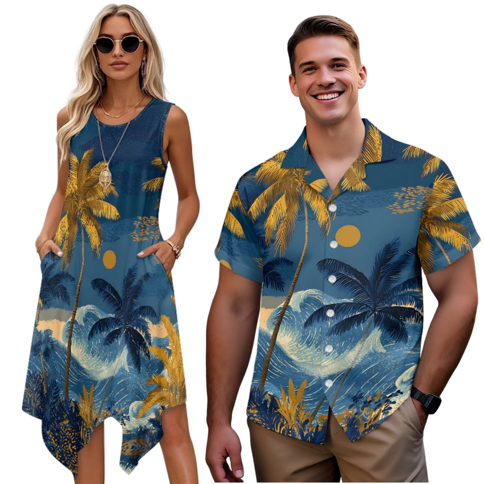 KUIFORTI Couple Matching Outfits Hawaiian Palm Tree Husband and Wife ...