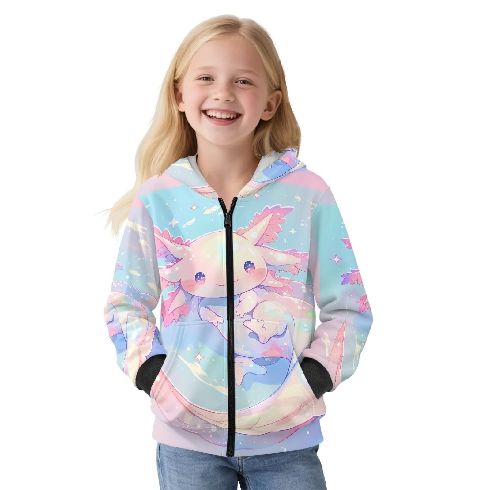 KUIFORTI Cute Axolotl Girls Sweaters 14-16 Fleece-Lined Hooded Zip Up ...