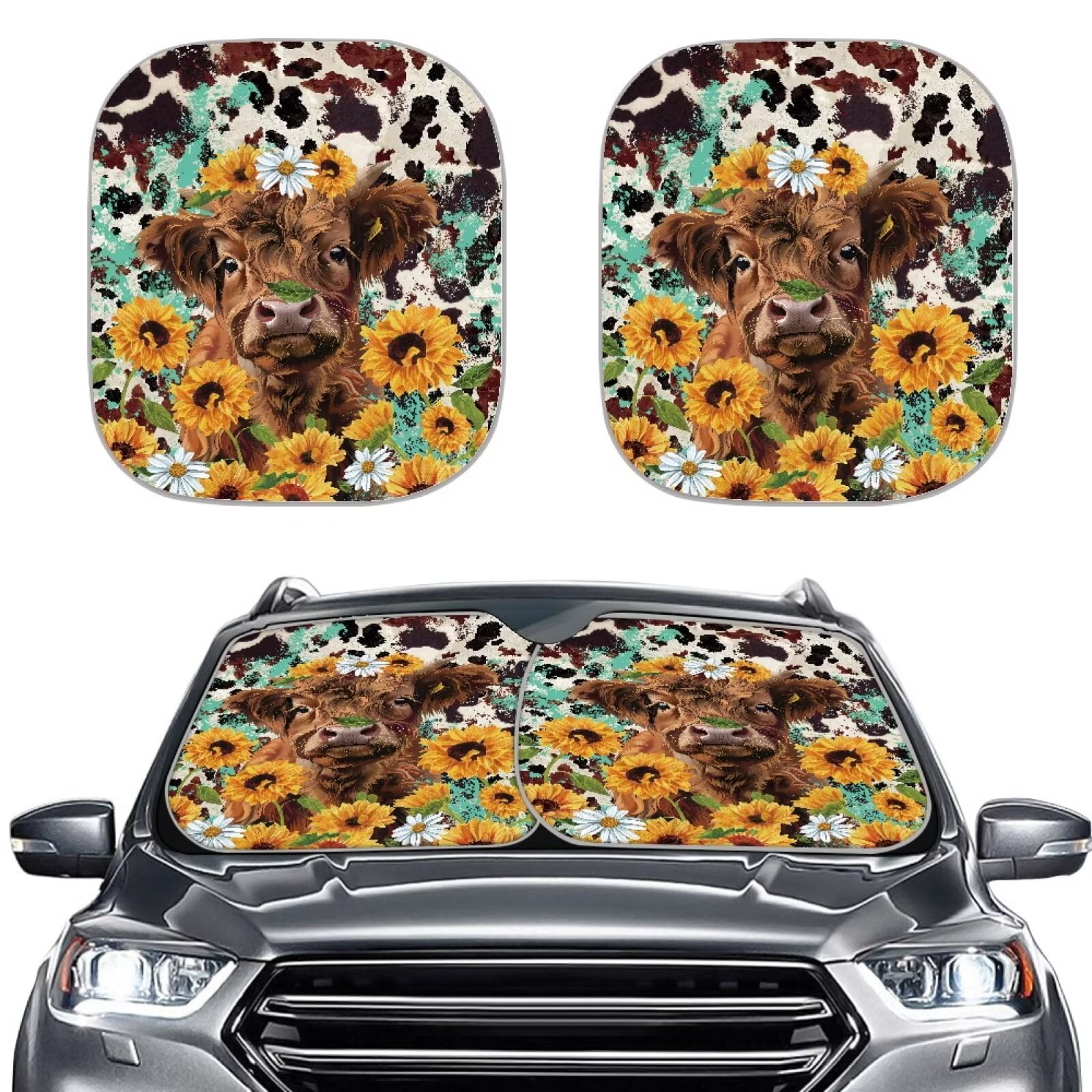 KUIFORTI Cute Cow Car Sun Shade Windshield Cover, Daisy Sunflower Sun ...