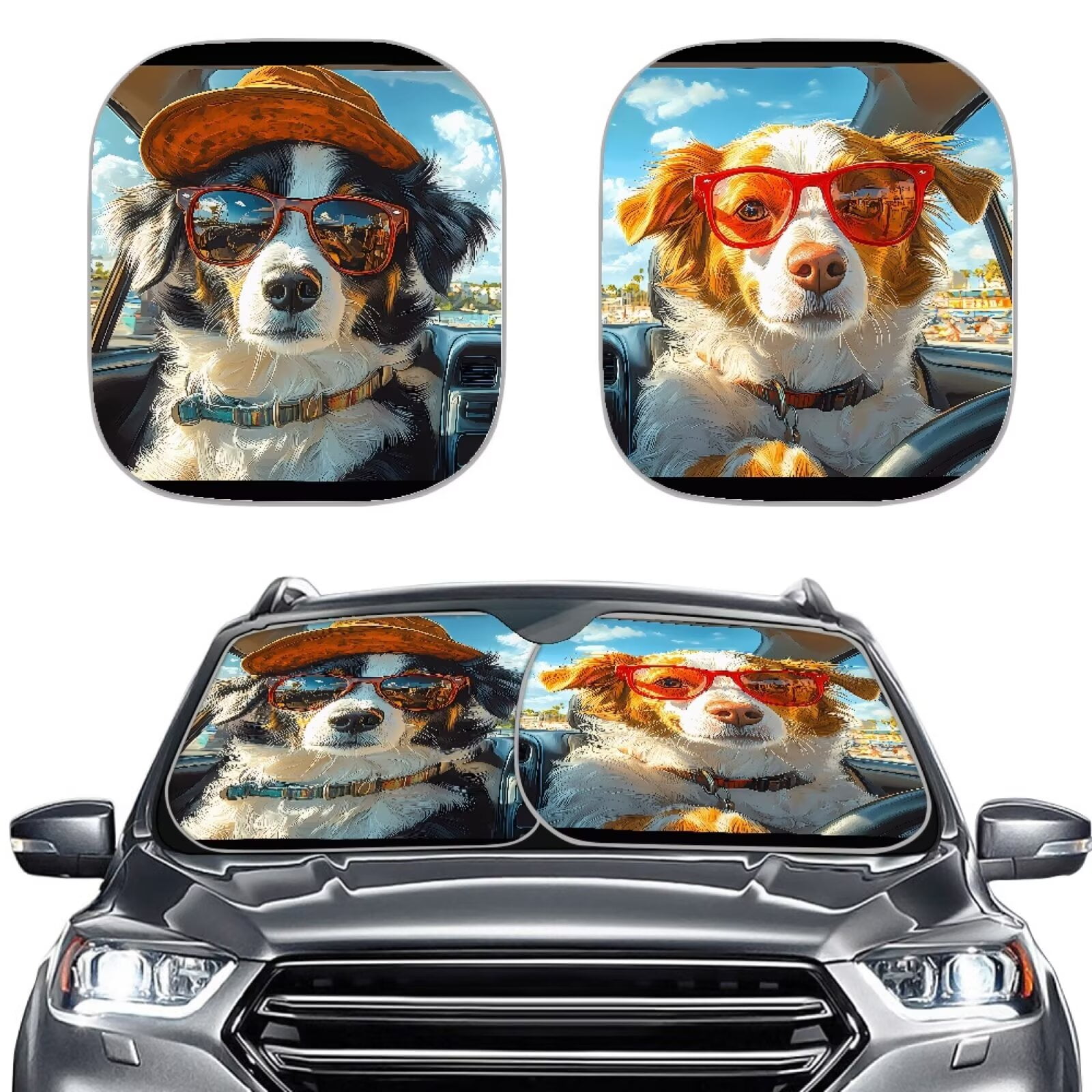 KUIFORTI Cute Dog Car Windshield Sun Shade Foldable Front Window Cover ...