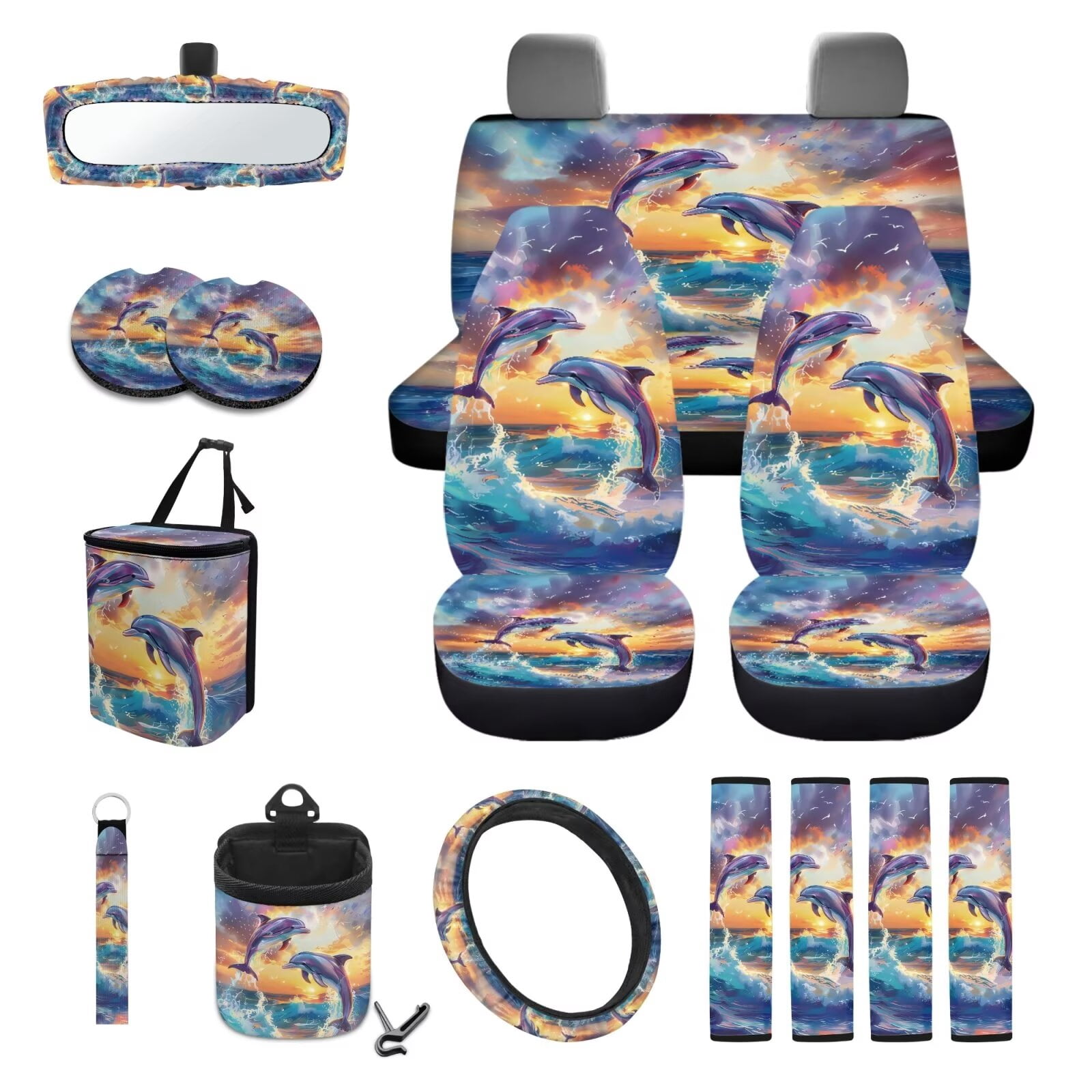 KUIFORTI Dolphin Car Seat Covers Full Set for Front Rear 15 Pieces Car ...
