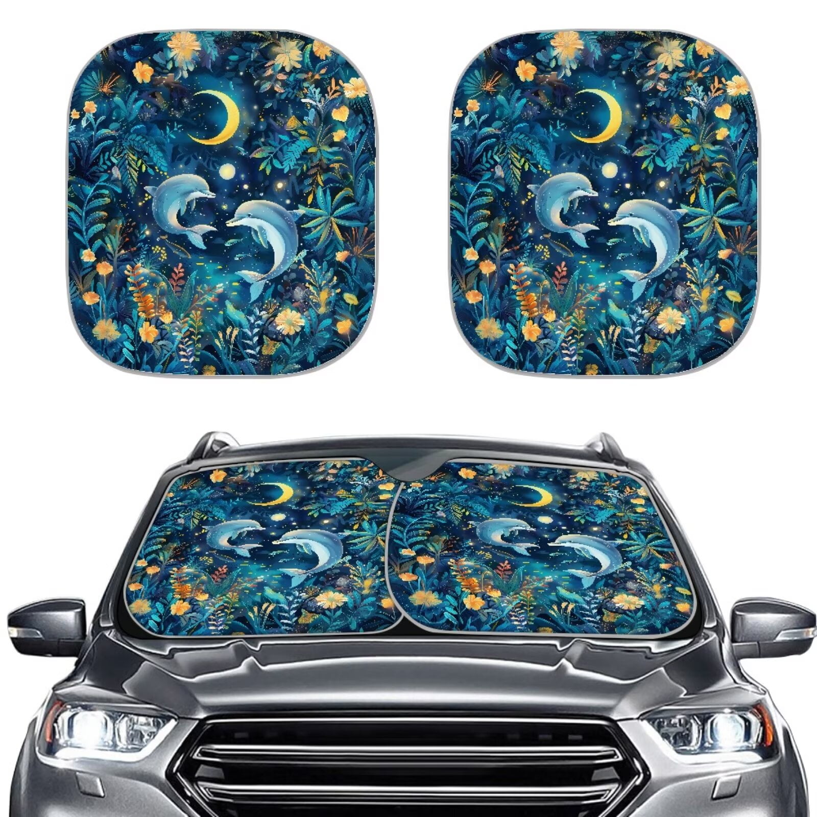 KUIFORTI Front Windshield Sun Shade, Flowers Dolphin Car Front Window ...