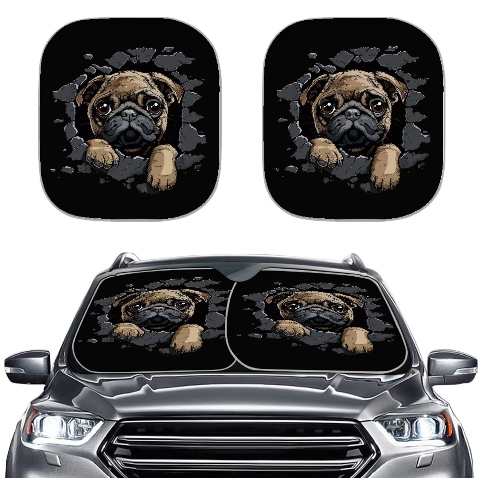 KUIFORTI Front Windshield Sun Shade Funny Pug Car Window Covers ...