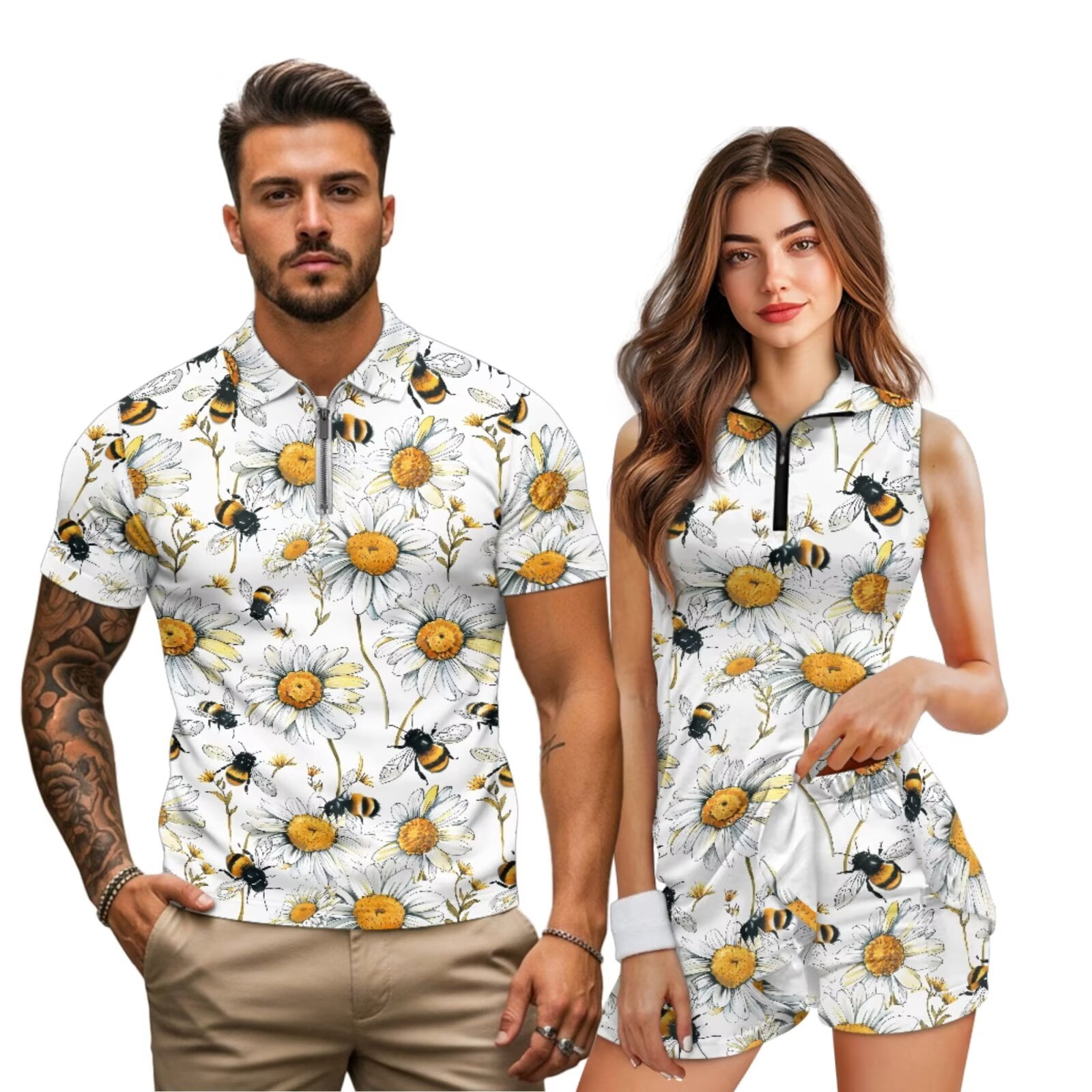 KUIFORTI Funny Matching Couple Golf Shirts & Outfits, Daisy Bee Print ...