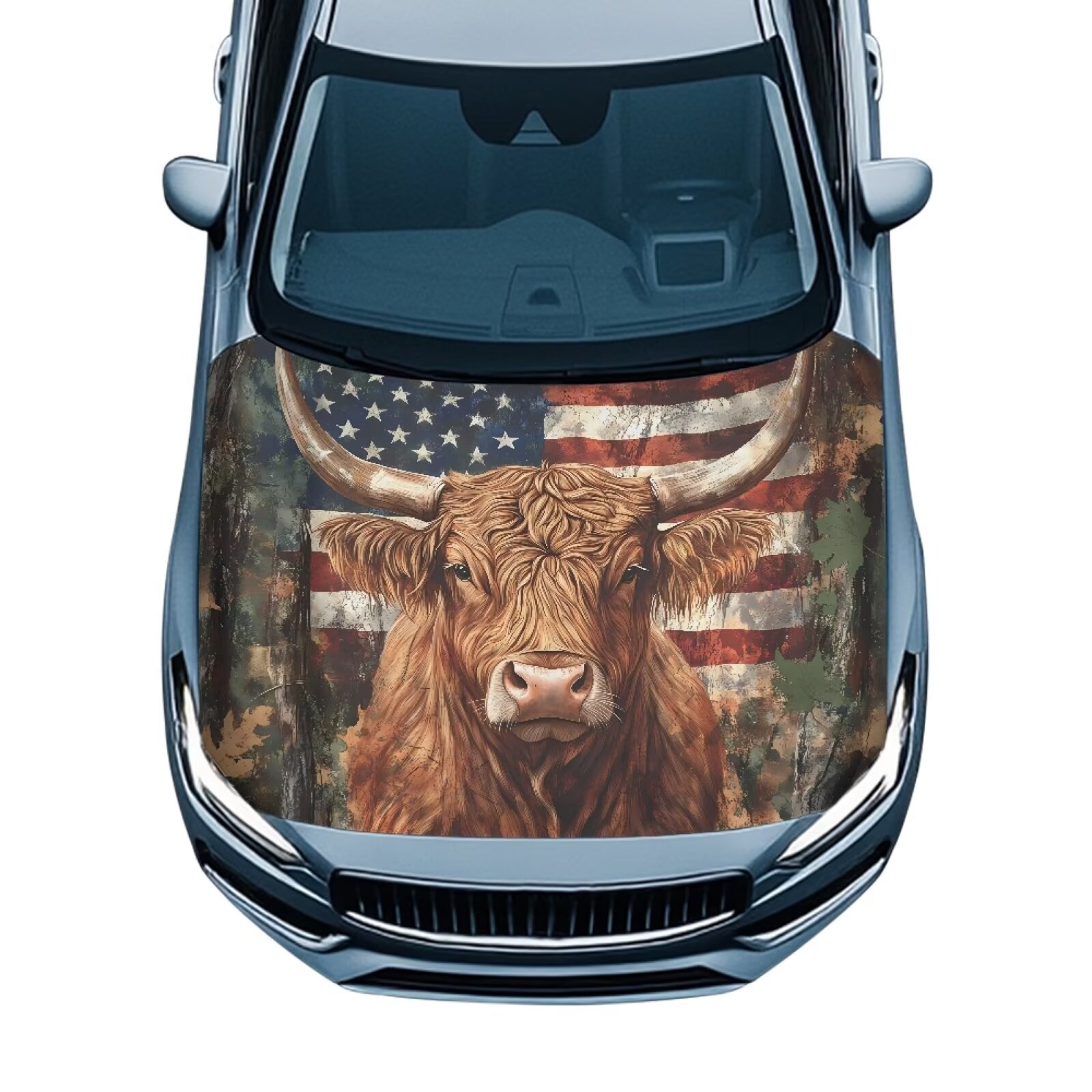 KUIFORTI Highland Cow Car Hood Cover American Flag Car Front Hood Cover ...