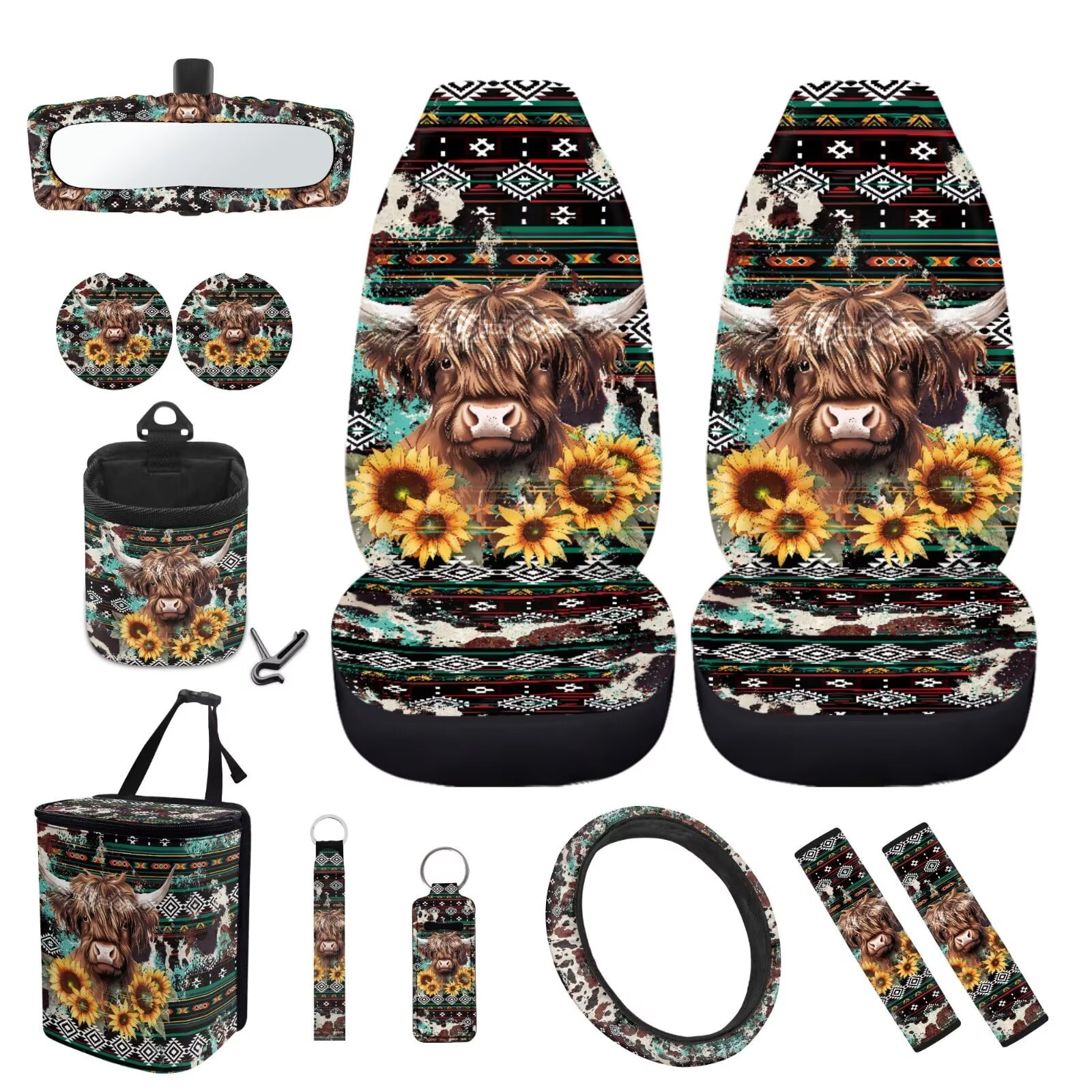 KUIFORTI Highland Cow Car Seat Covers Cute Set, Aztec Car Accessories ...
