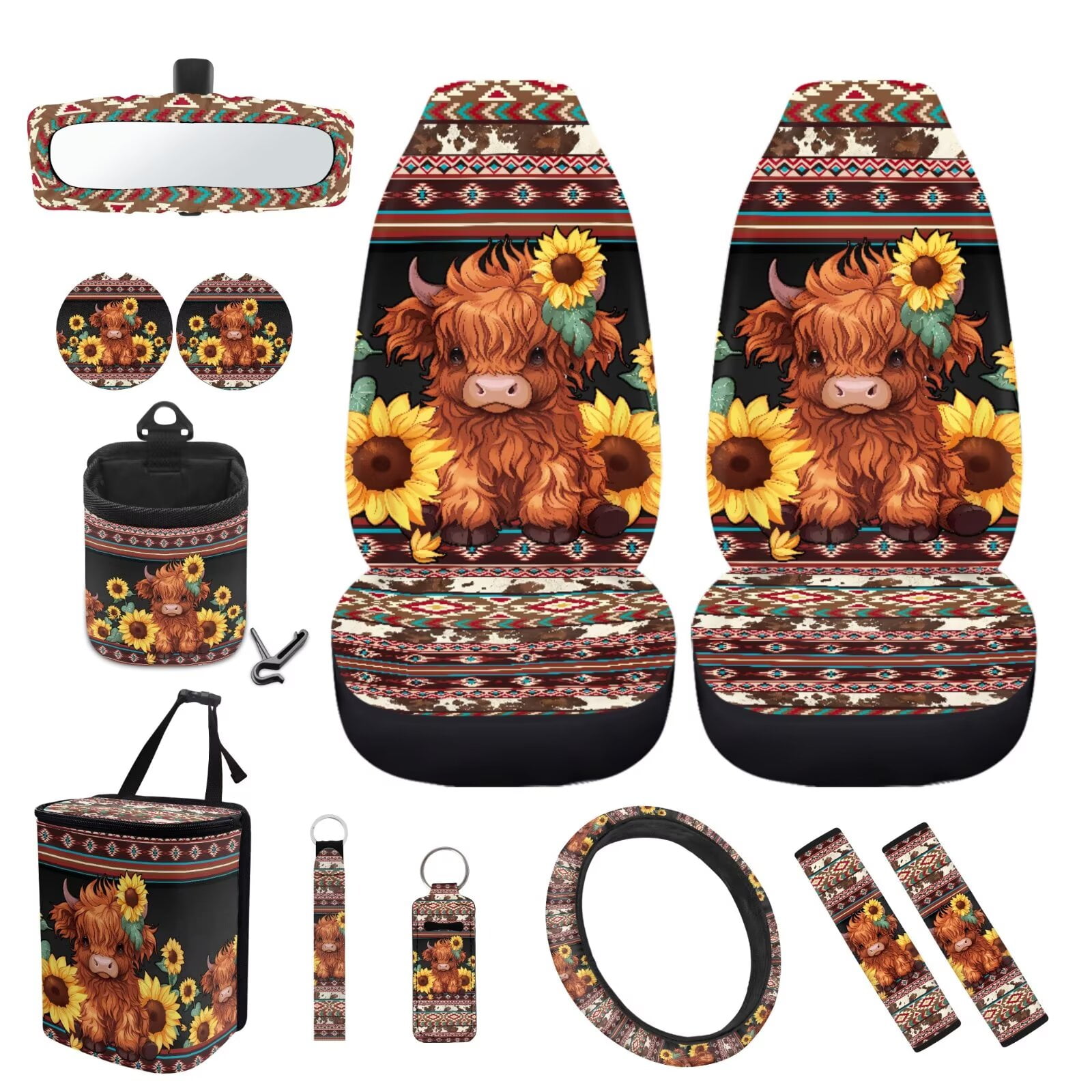 KUIFORTI Highland Cow Car Seat Covers Full Set with Steering Wheel ...