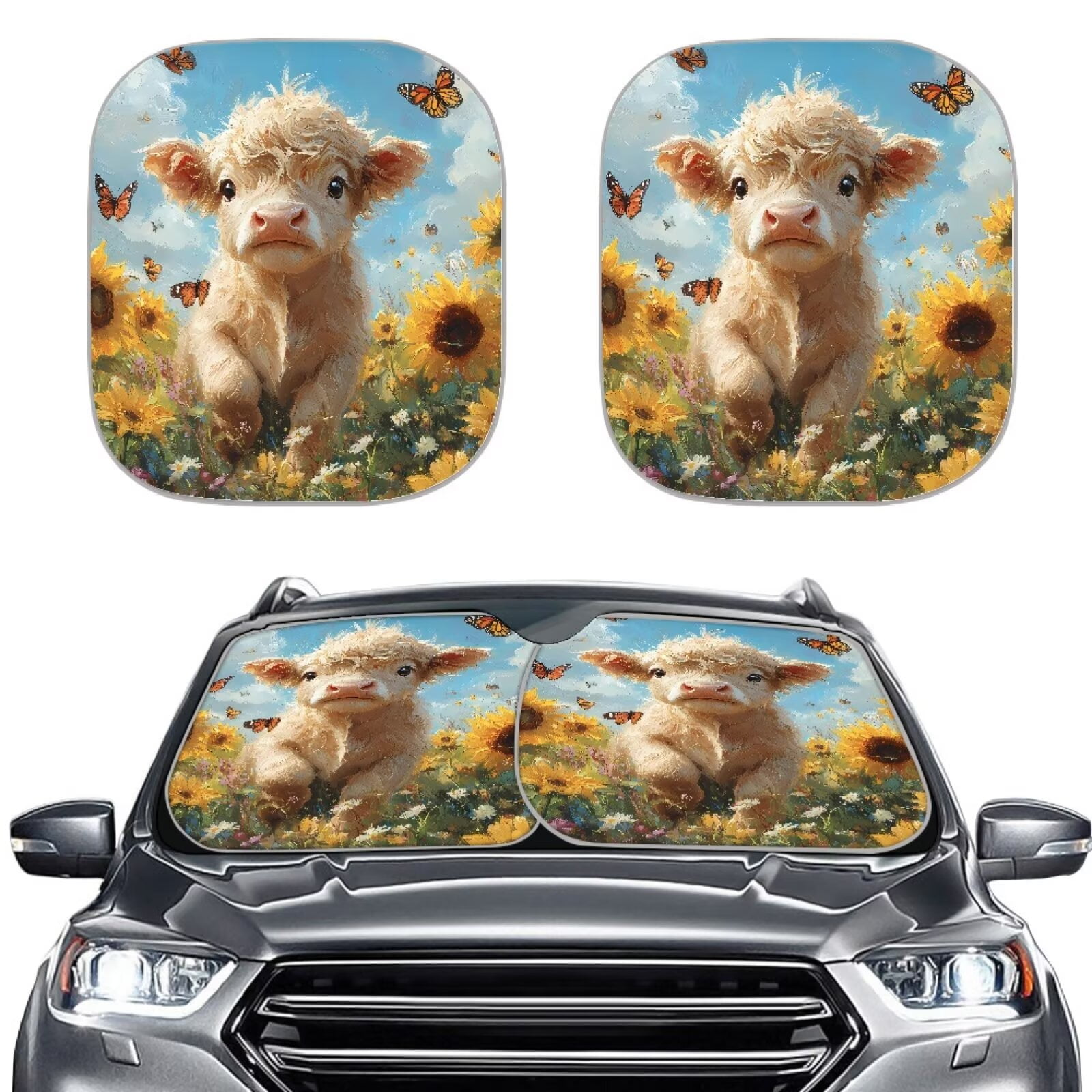KUIFORTI Highland Cow Sun Shade for Car Windshield, Sunflower Butterfly ...