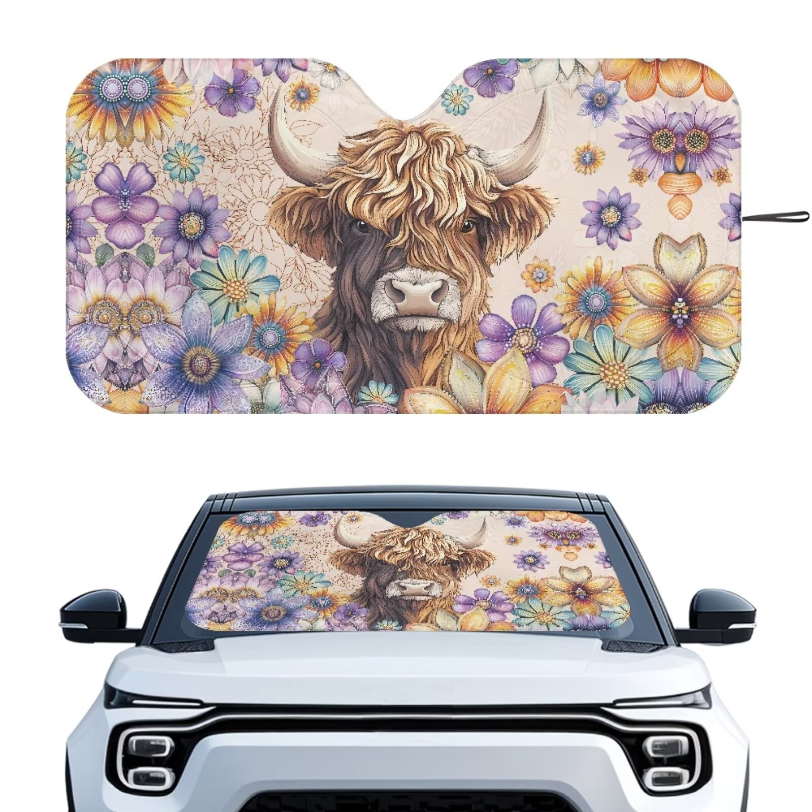 KUIFORTI Highland Cow Windshield Sun Shade for SUV, Sedan, Truck, Boho ...