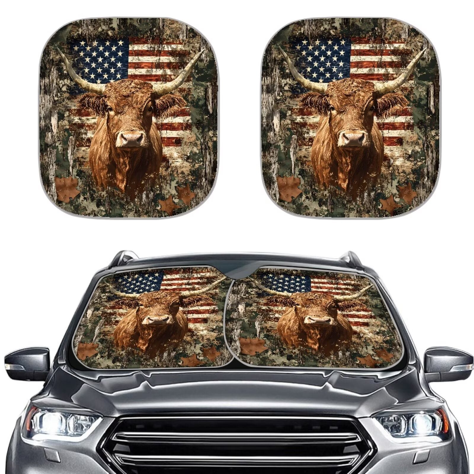 KUIFORTI Highland Cow Windshield Sun Shade for Women, American Flag Car ...