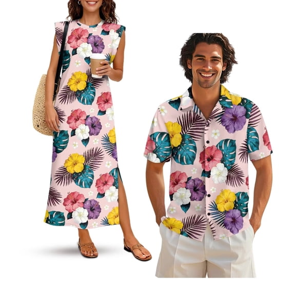 KUIFORTI Matching Outfits for Couples Lightweight Pink Hibiscus Floral ...