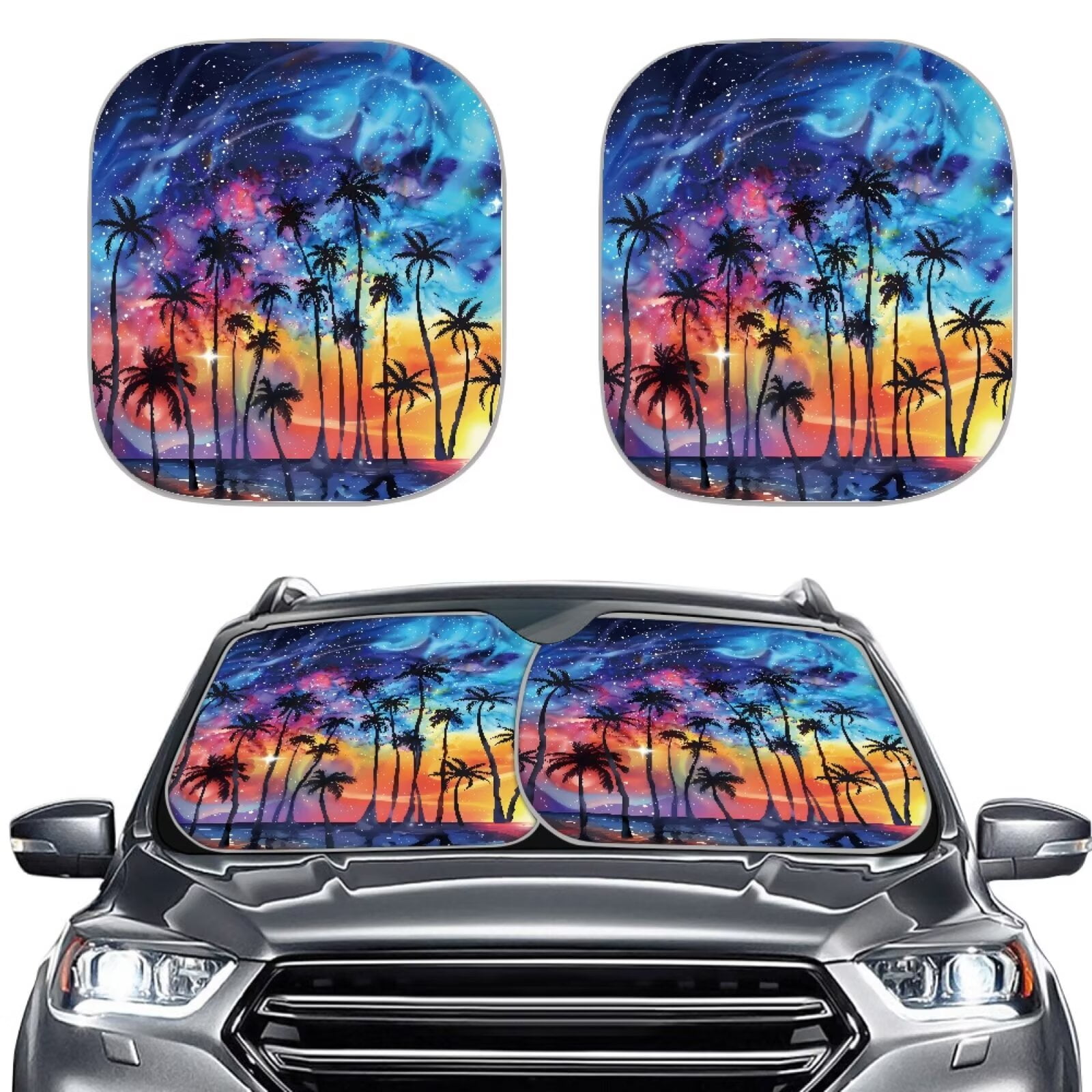 KUIFORTI Palm Tree Windshield Sun Shade 2-Piece Foldable Car Front ...