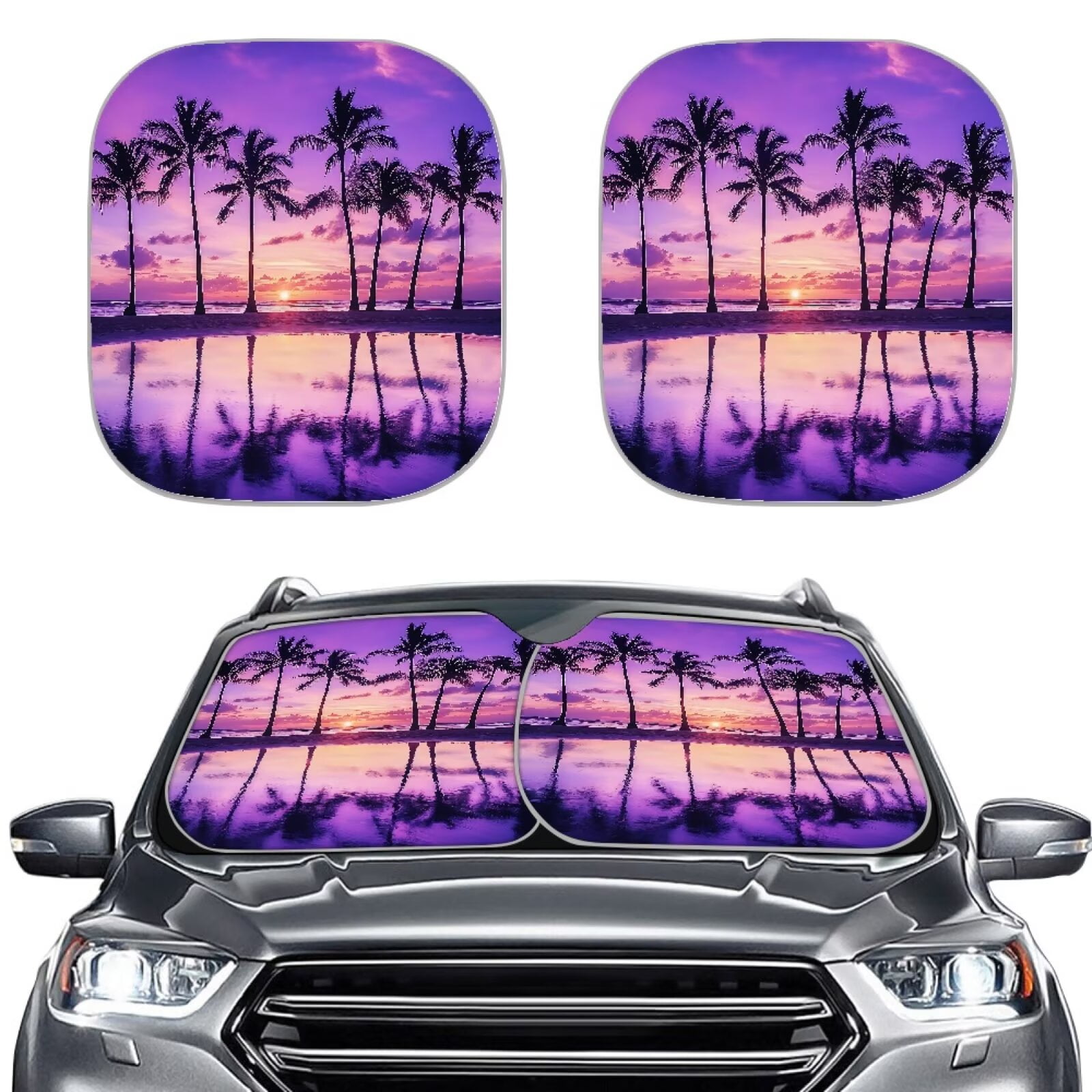 KUIFORTI Palm Tree Windshield Sun Shade Foldable 2-Piece Car Sunshades ...