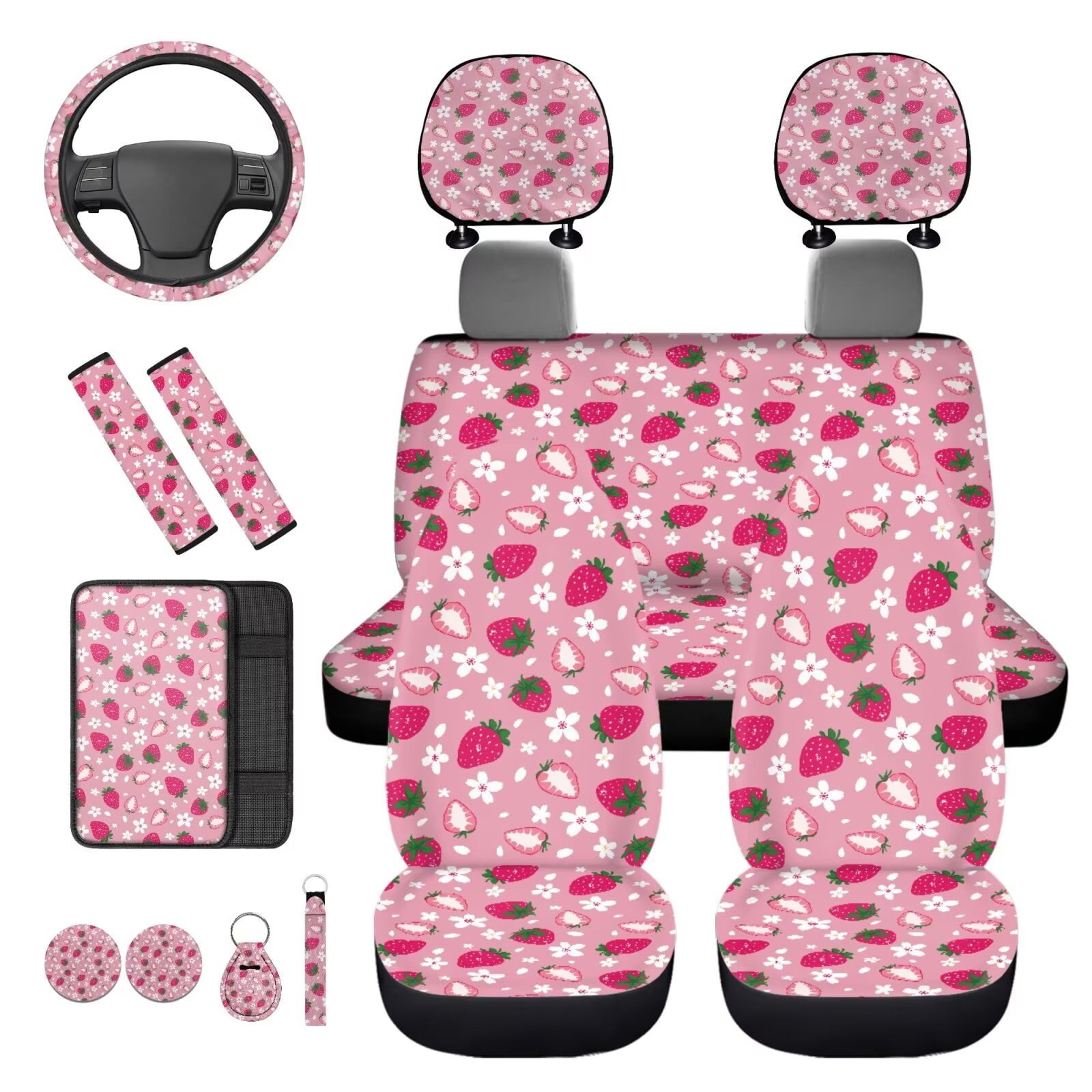 KUIFORTI Pink Strawberry Automobile Seat Covers 14 Pieces with Seat ...