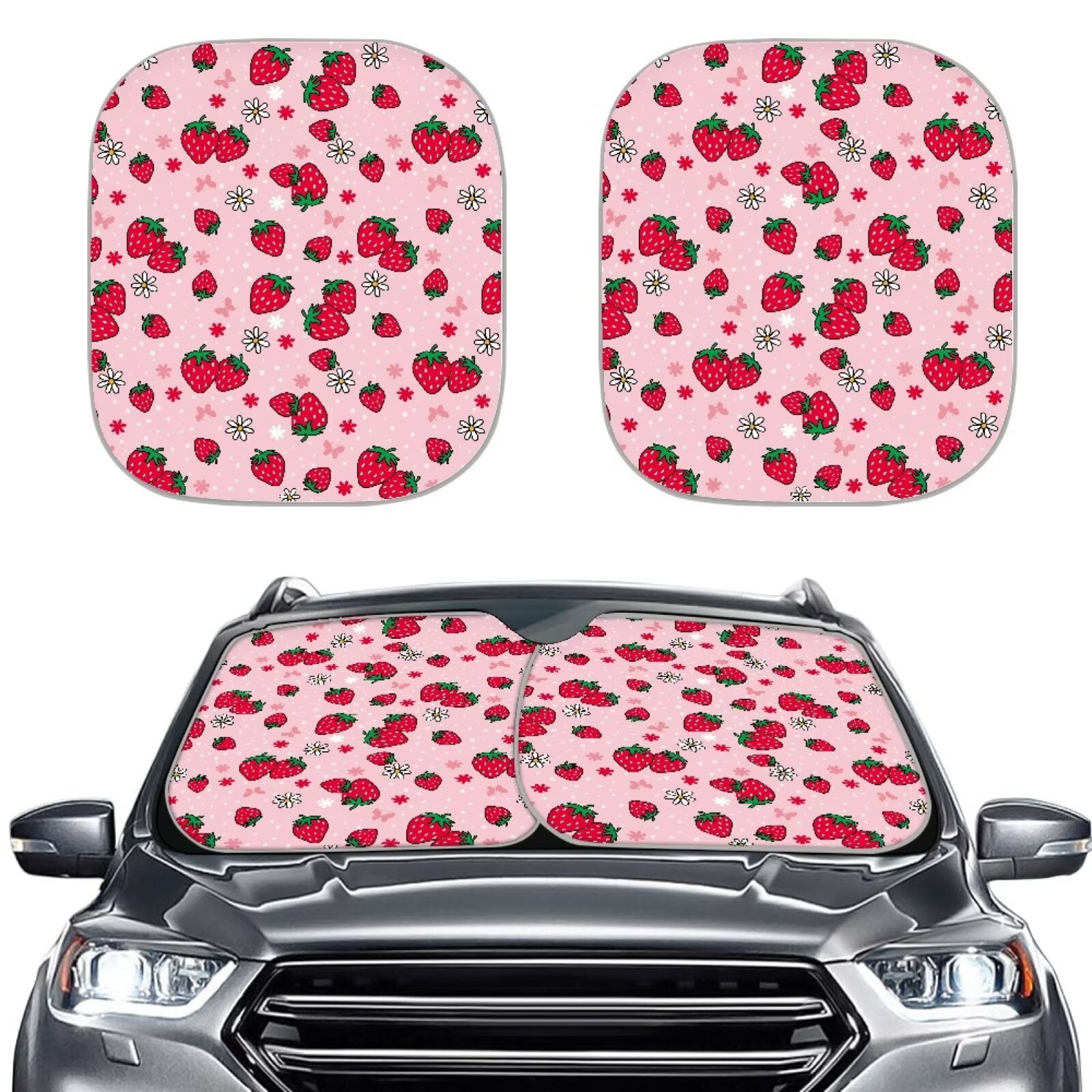 KUIFORTI Pink Windshield Sun Shade Foldable Sunshade, Cute Strawberry ...
