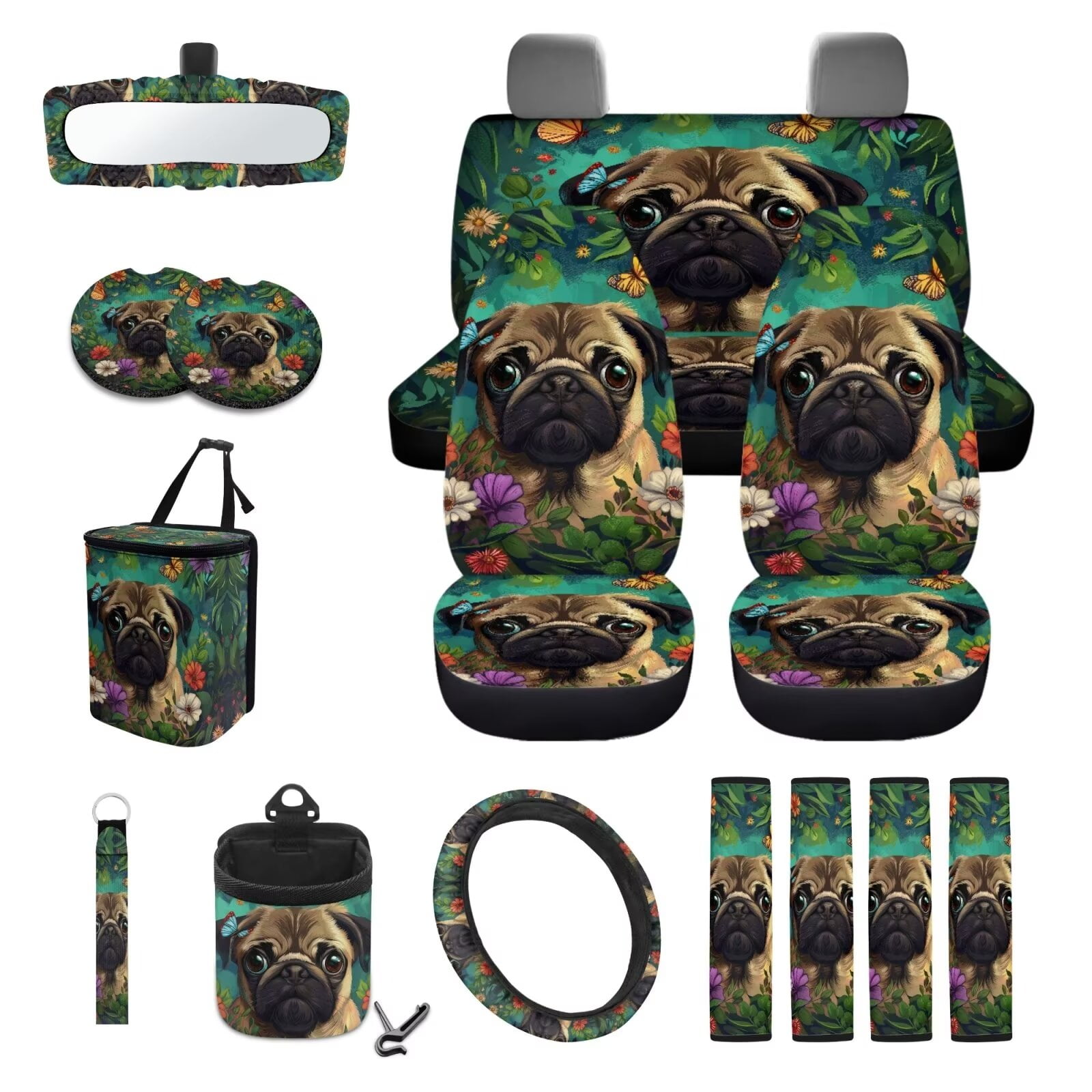 KUIFORTI Pug Dog Car Seat Cover Front Seat Back Seat Protector Matching ...