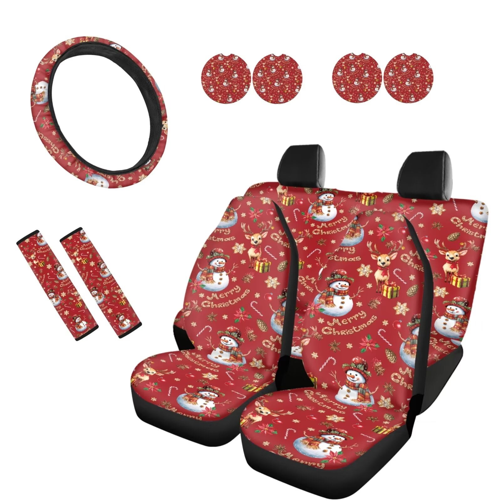 KUIFORTI Snowman Reindeer Print 11 PCS Car Seat Cover Set Seat Covers ...