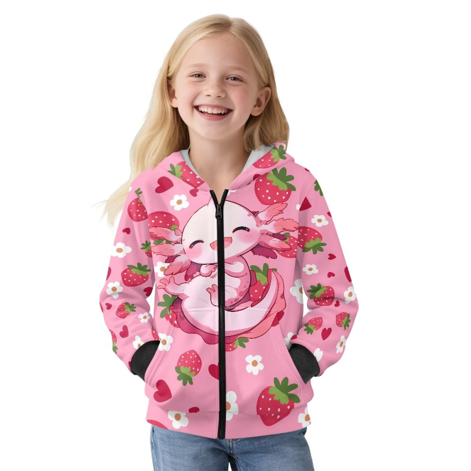 KUIFORTI Strawberry Axolotl Sweater for Girls Soft Lined Zip Up Hooded ...