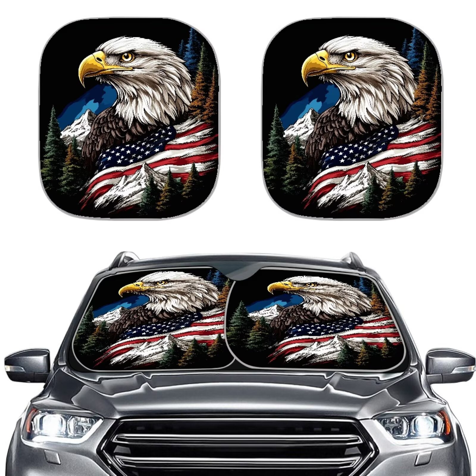 KUIFORTI Universal Fit Windshield Sun Shade Set - Eagle American Flag ...