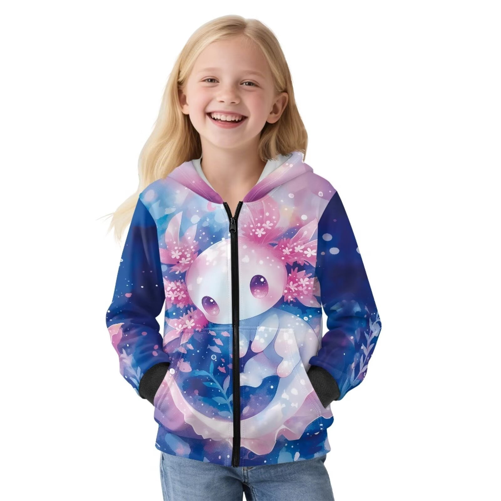 KUIFORTI White Axolotl Girls Sweaters Size 6-7 Fleece-Lined Zipper ...