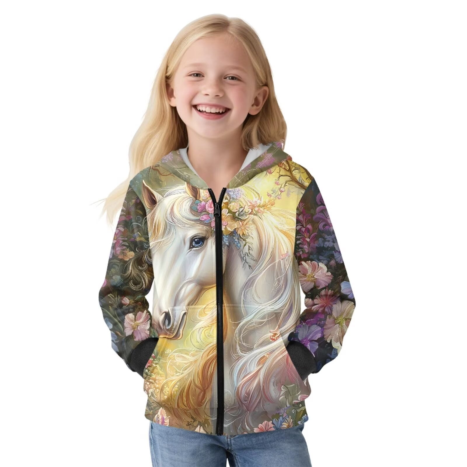 KUIFORTI White Horse Girls Hoodies 14-16 Fleece-Lined Active ...