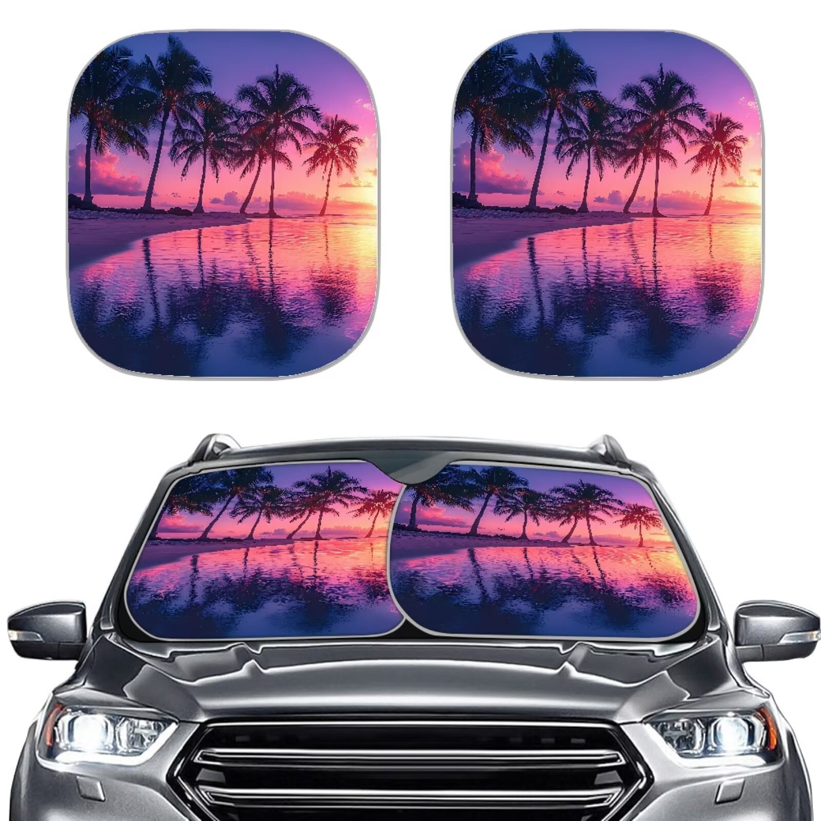 KUIFORTI Windshield Sun Shade 2pcs, Beach Palm Tree Automotive Interior ...