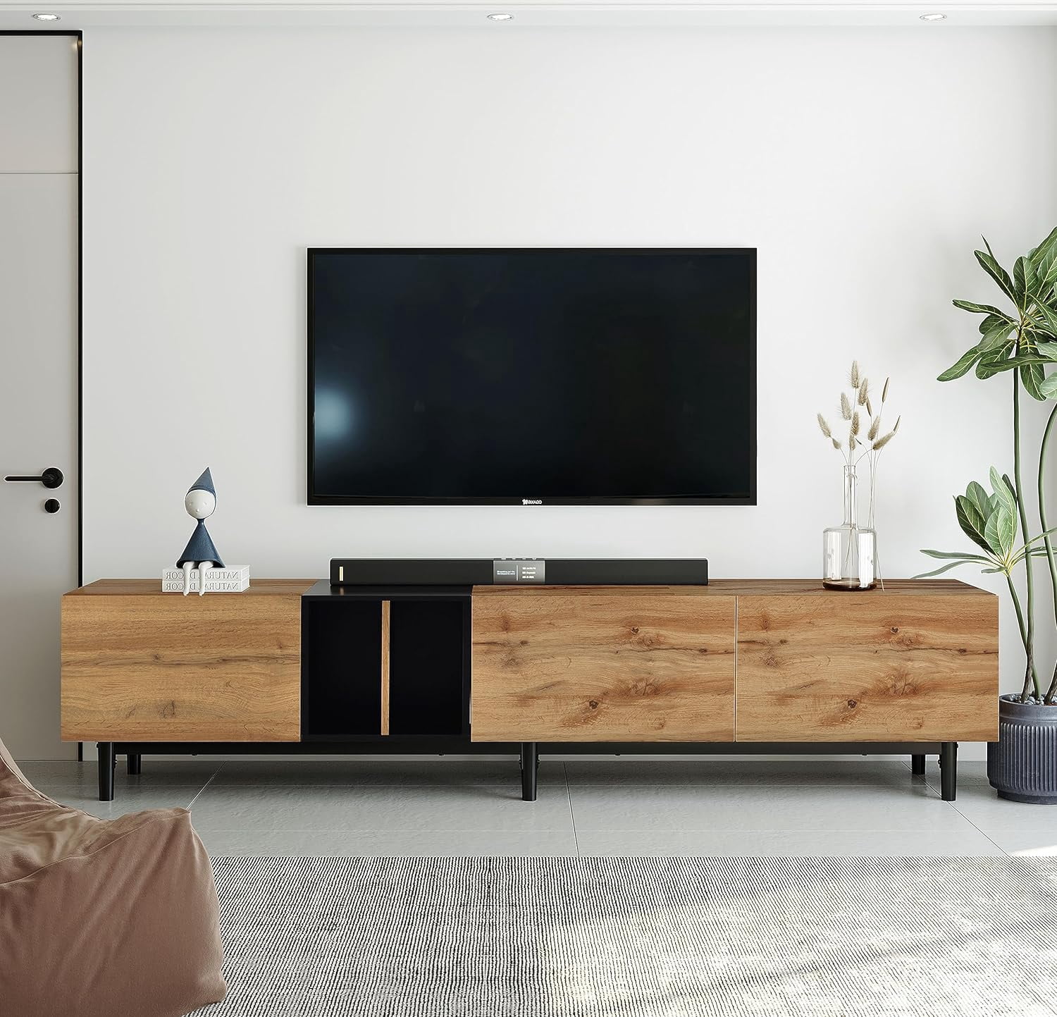 KUIKUI 80 inch TV Stand, Natural Wood TV Stand, TV Stand with Storage ...