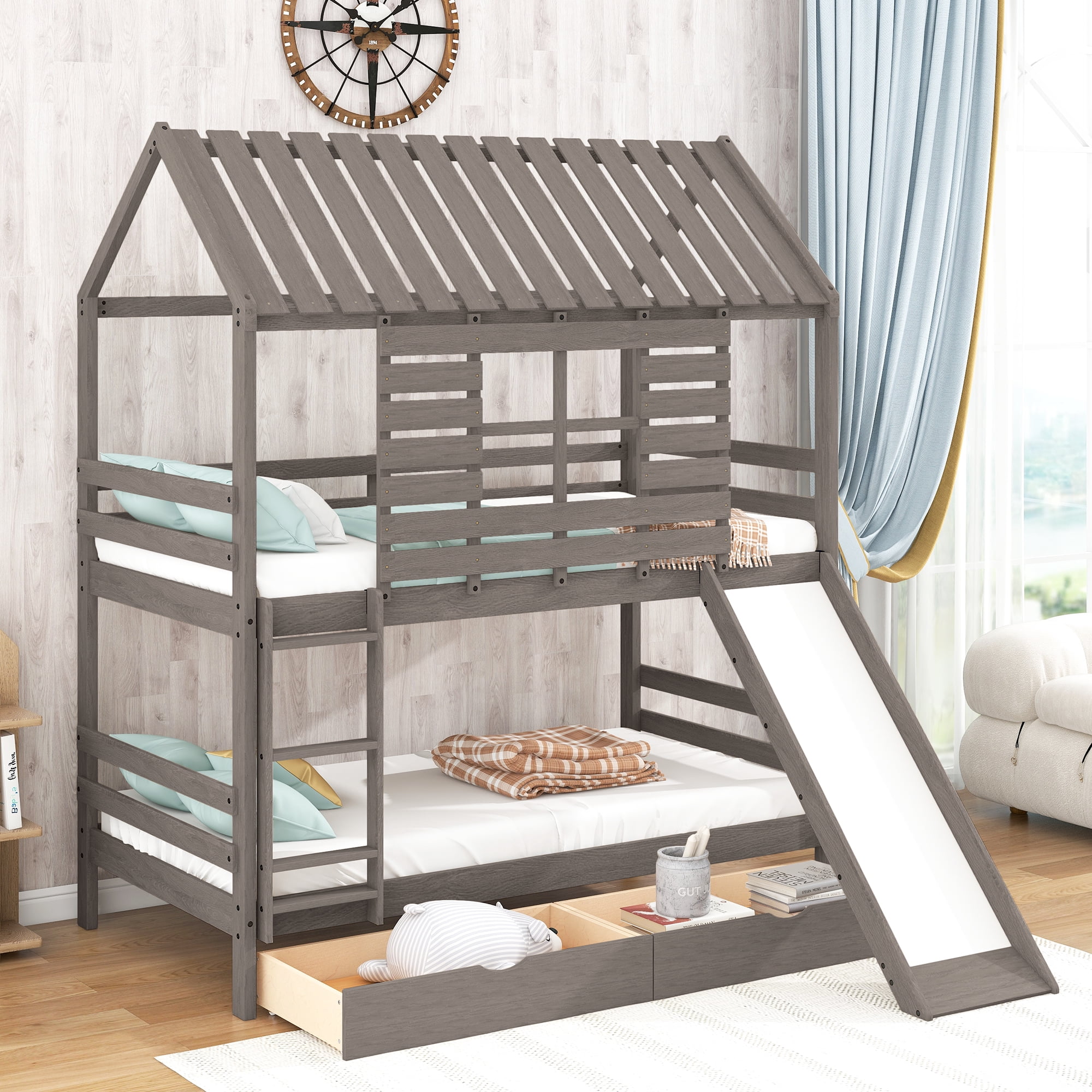 KUIKUI Twin over Twin Size House Bunk Bed with Convertible Slide and ...