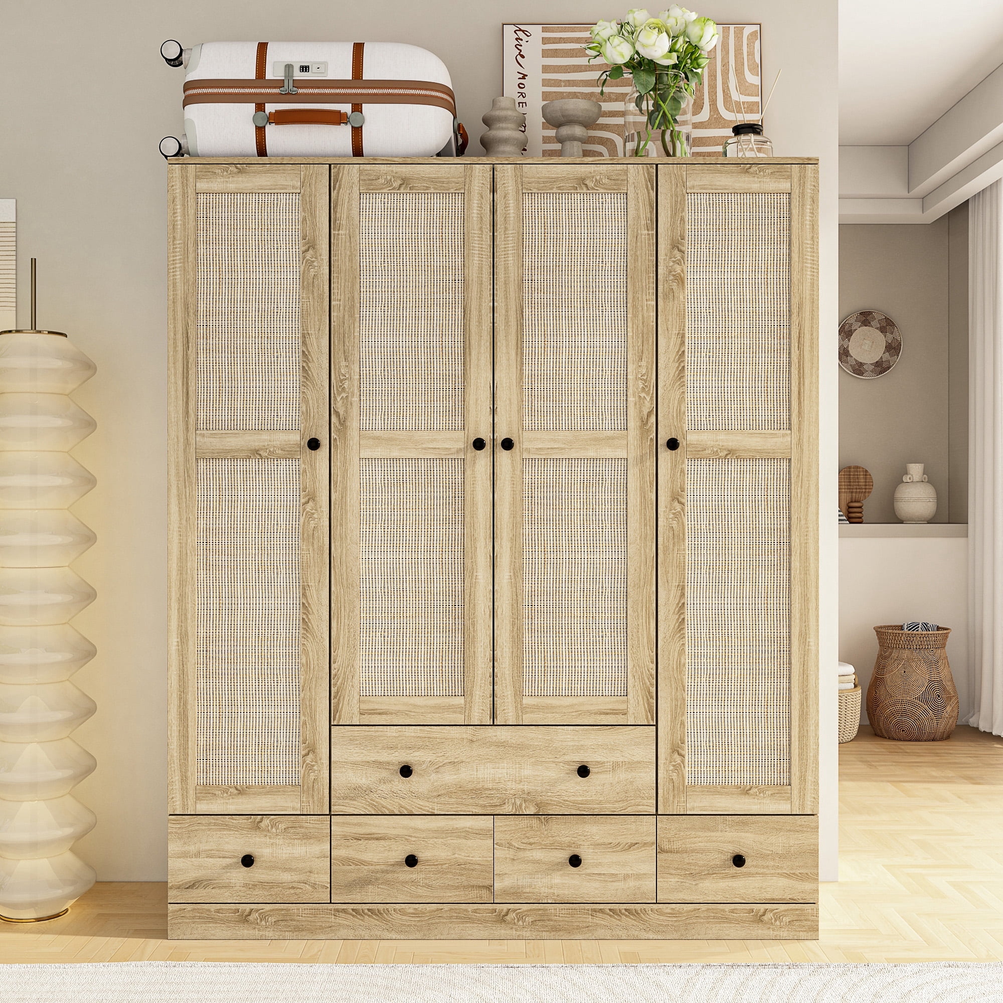 KULAGAGA 4 Door Rattan Bedroom Armoire with Drawers and Hanging Rod ...