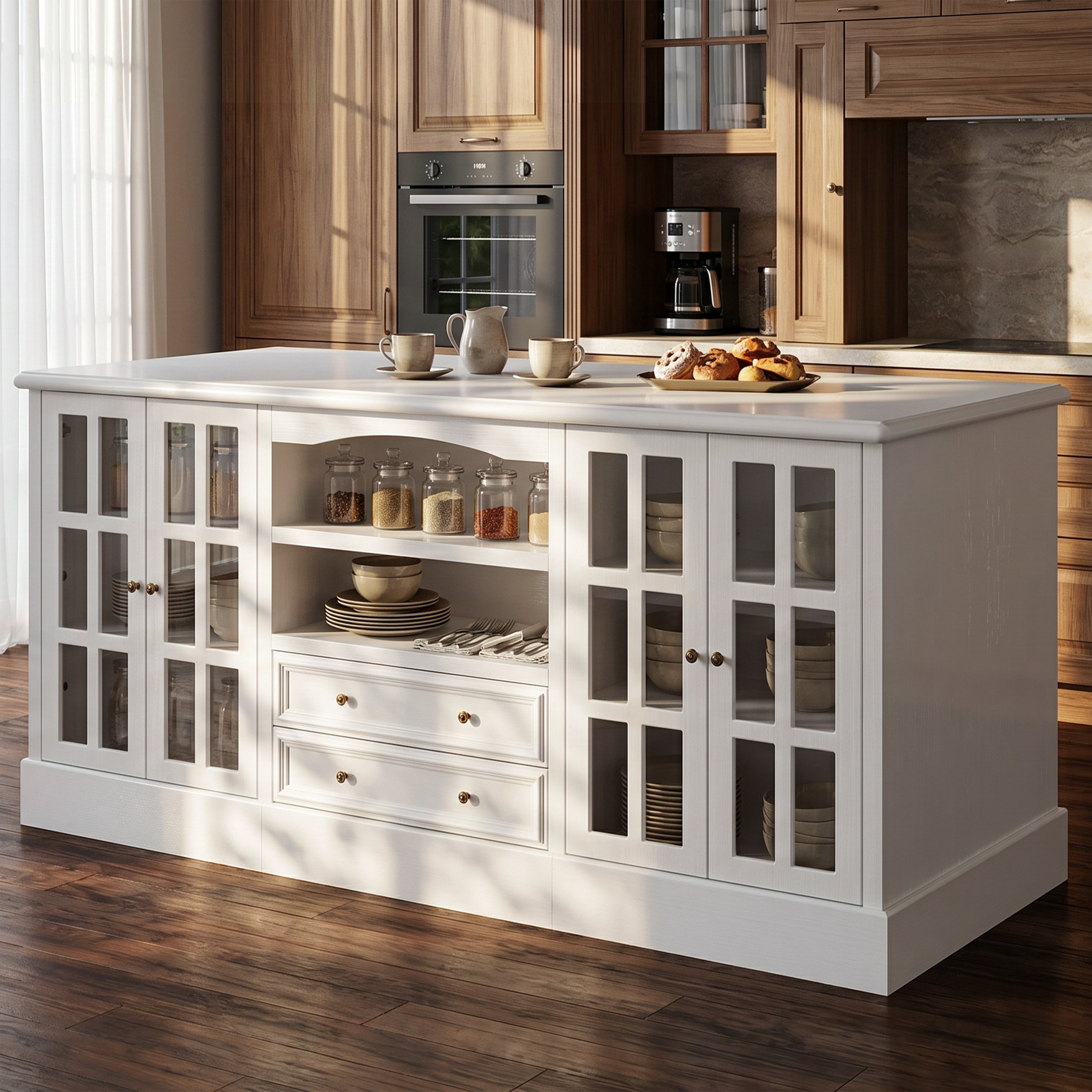 KULAGAGA 78.7" W White Farmhouse Kitchen Island with 4 Glass Doors, 8 ...