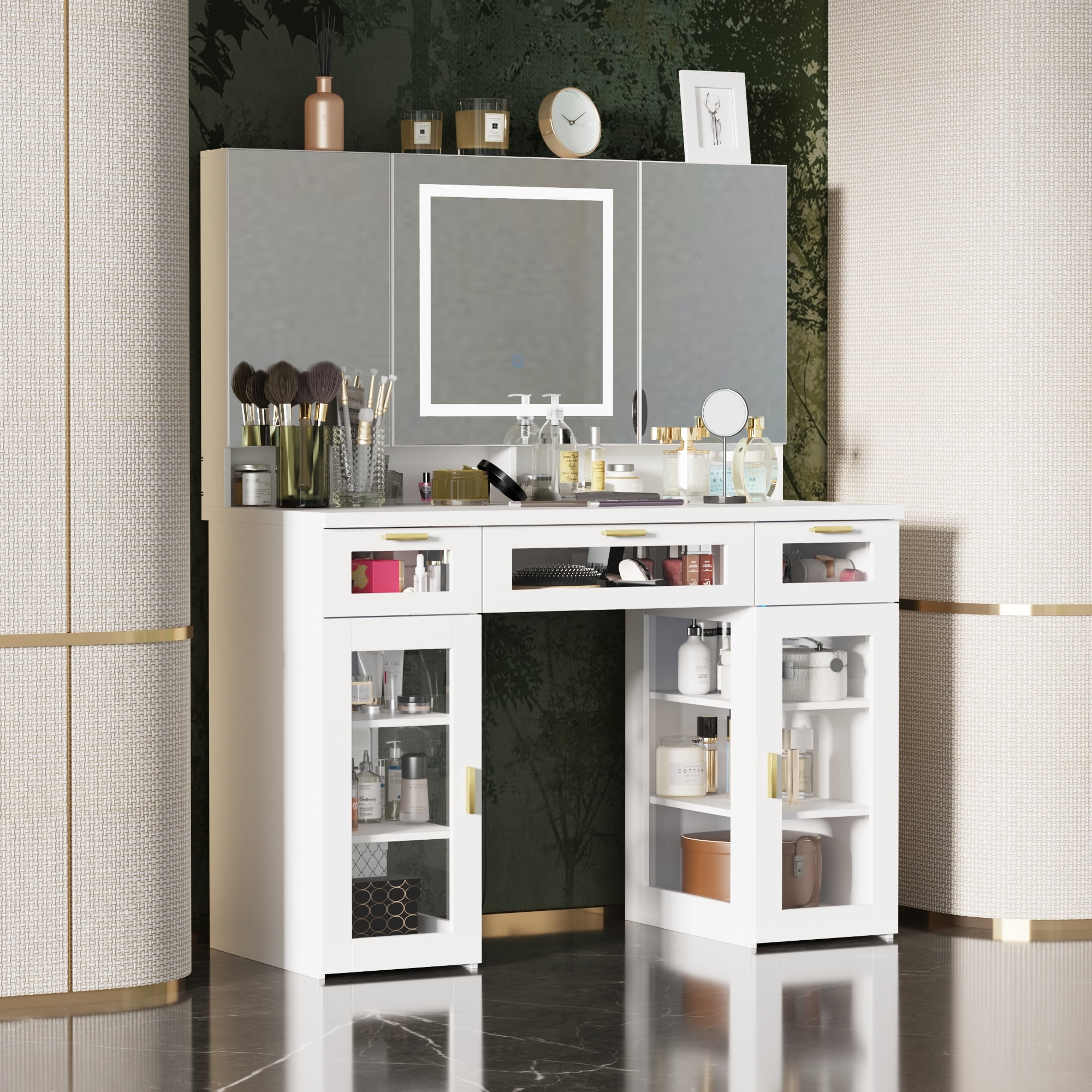 KULAGAGA Modern Vanity Table with 3 Drawers & Storage Shelves, Lighted ...