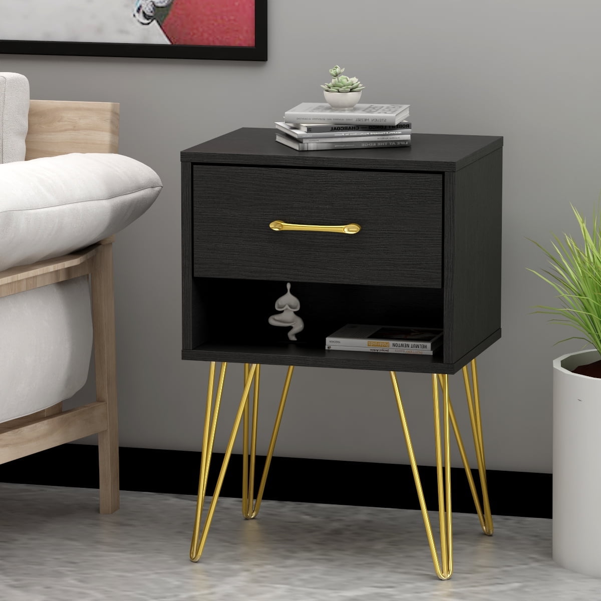 KULAGAGA Nightstand with Storage Drawer, Open Cube, Metal Legs for ...