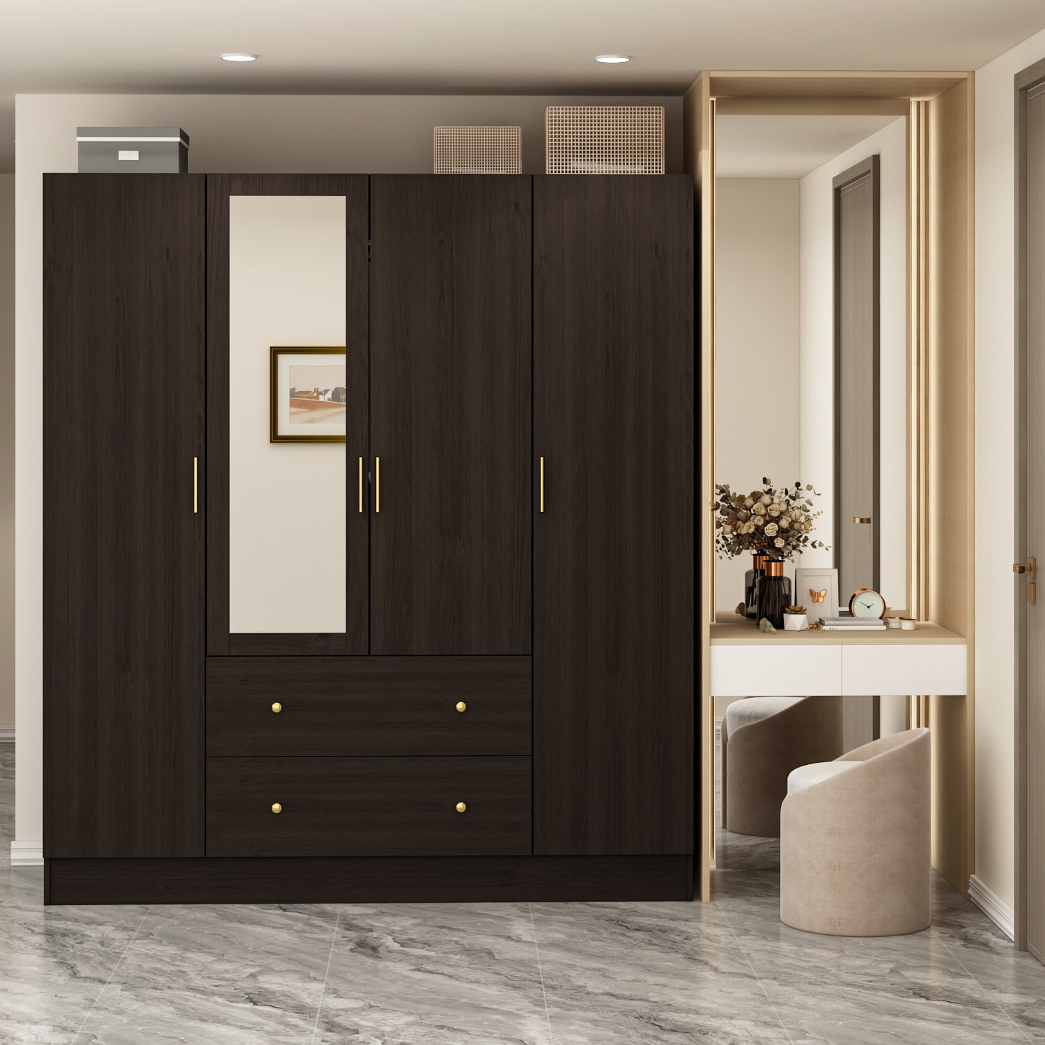 KULAGAGA Wardrobe Armoire with Mirror, 5-Tier Shelves, 2 Drawers, 2 ...