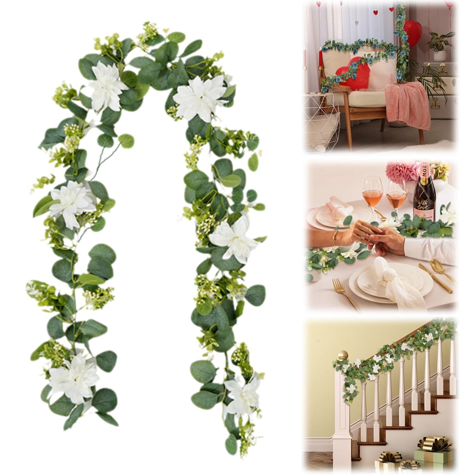 KUMHONW 6ft Eucalyptus Garland with Flowers-8 White Roses, Artificial Fake Flowers Greenery ...