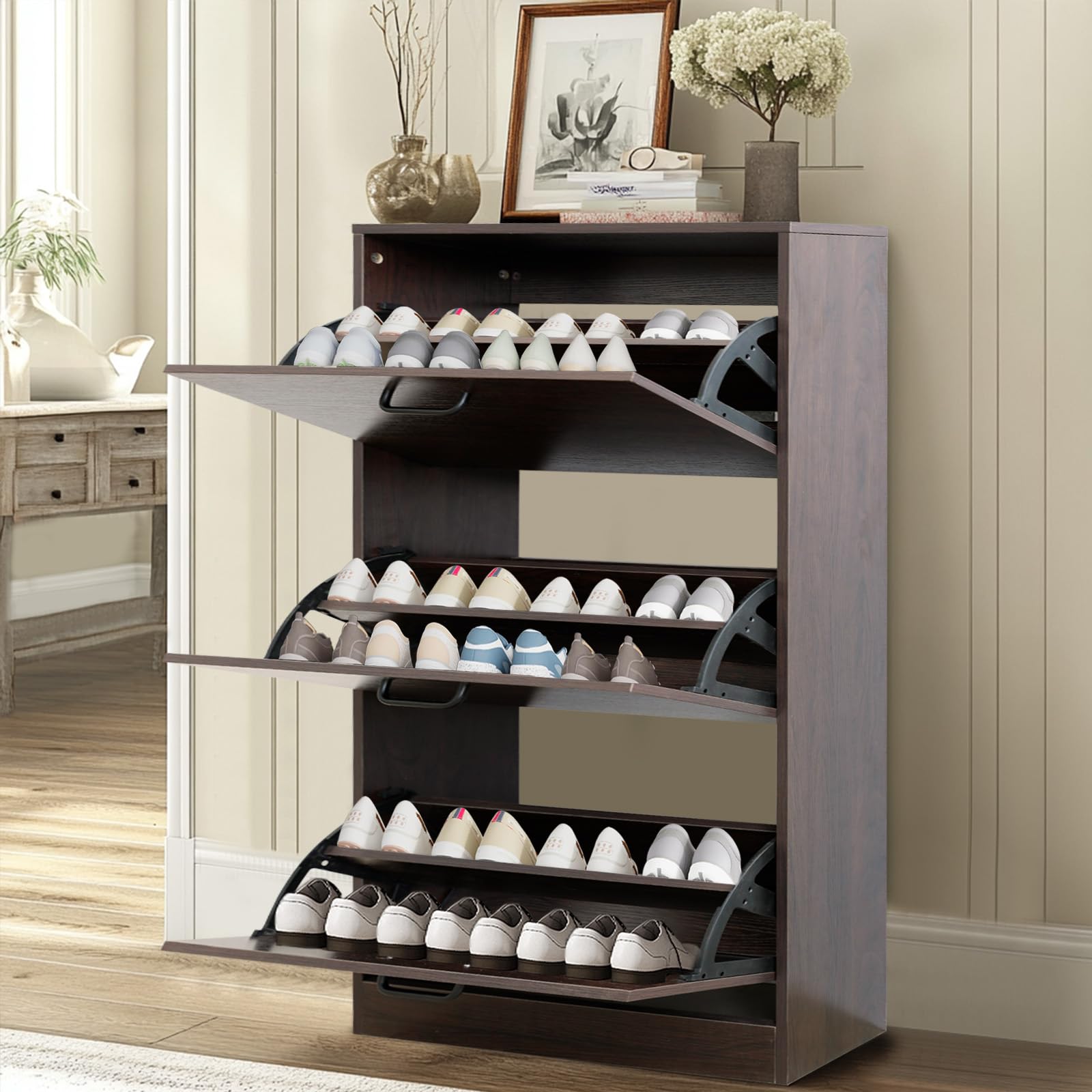 KUMIUNION Upgraded Shoe Cabinet with 3 Flip Drawers, Freestanding ...