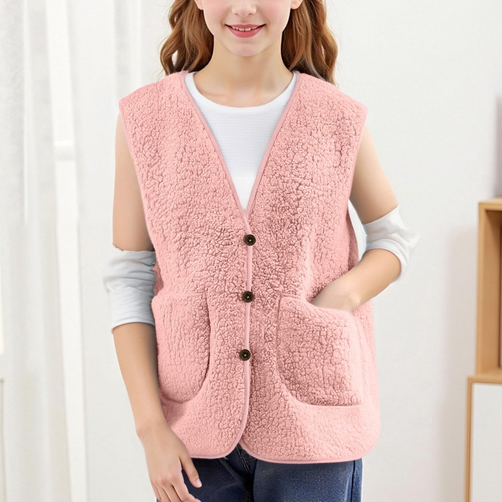 KUNAIK Girls Boys Vest Fleece Sleeveless Button Open Front Fuzzy Warm ...