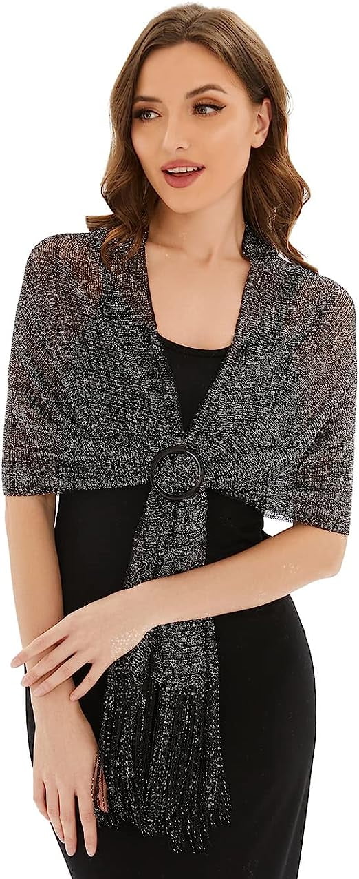 KUNINDOME Sparkling Metallic Shawl Wraps, Tassels, Buckle Accessory ...