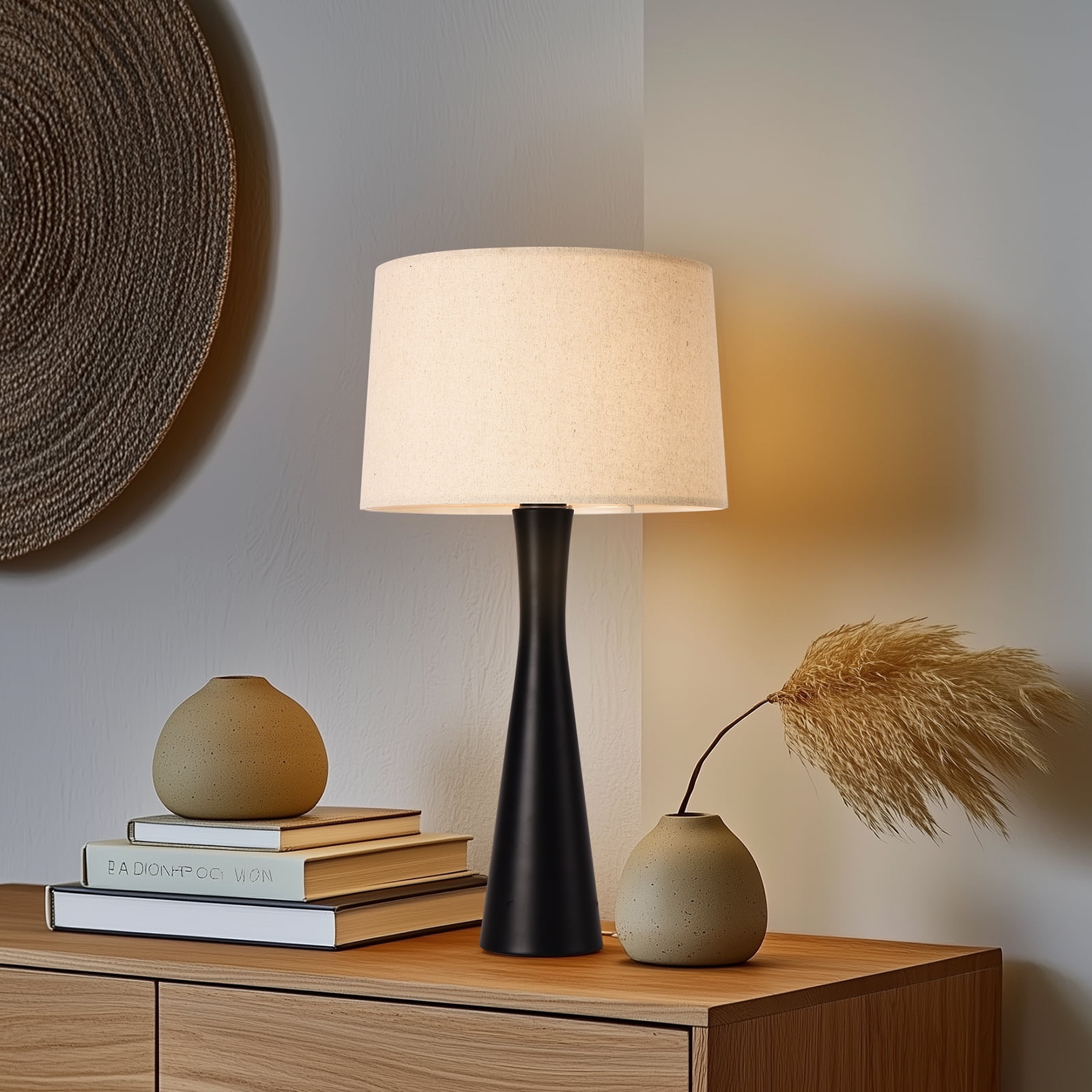 KUNJOULAM Minimalist Table Lamp With Black Metal Base With Beige Color ...