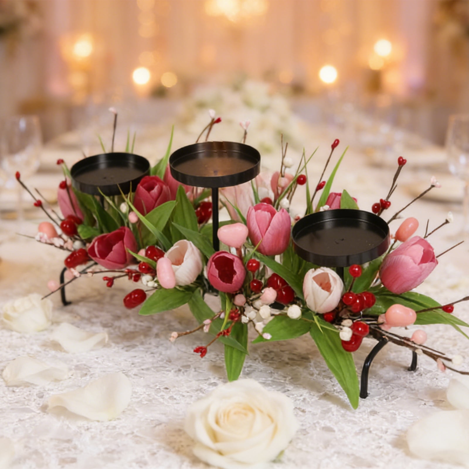 KUNPENG 3-Candle Table Centerpiece Decorations with Peony & Red Berries ...