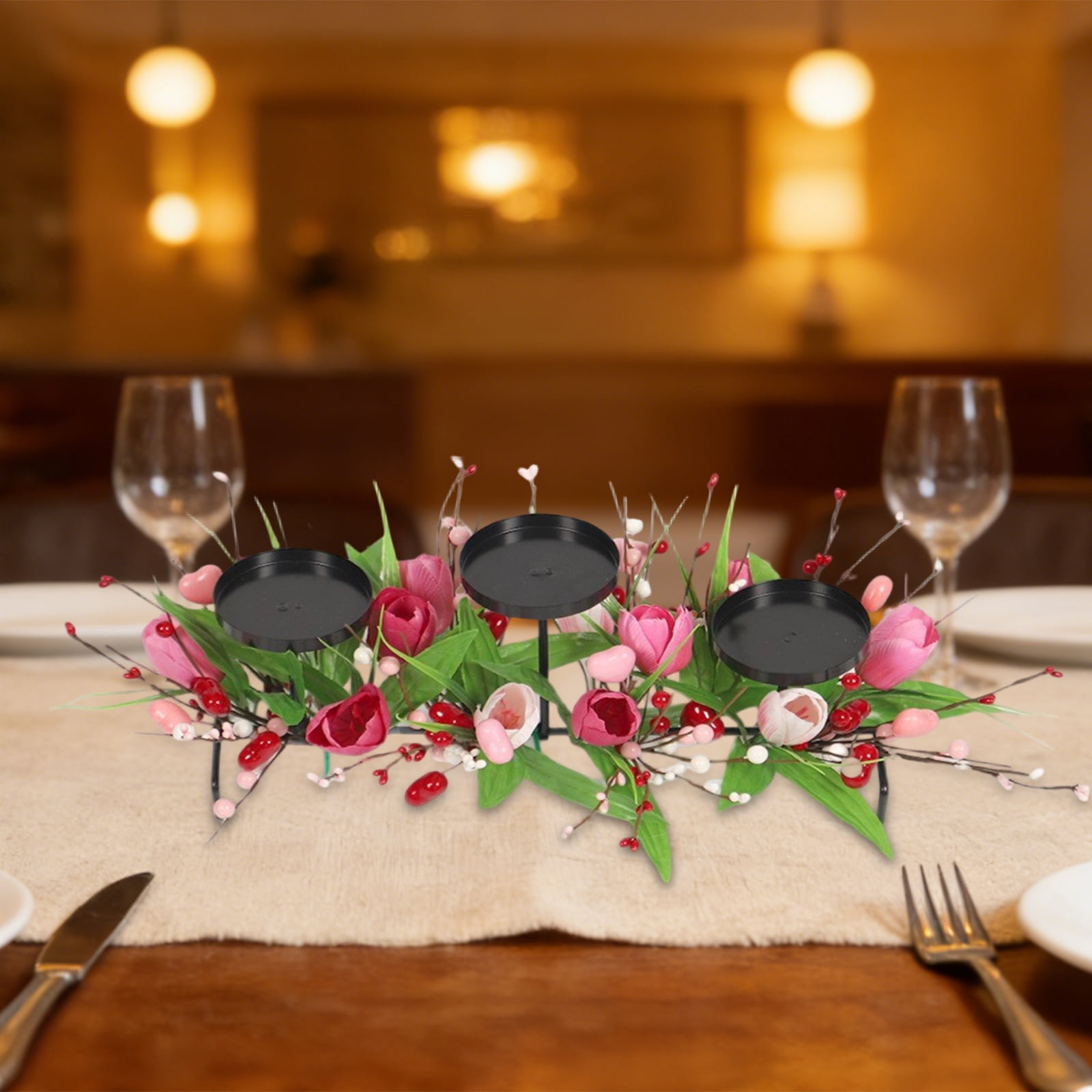 KUNPENG 3-Candle Table Centerpiece with Peony & Red Berries, Metal Tray ...
