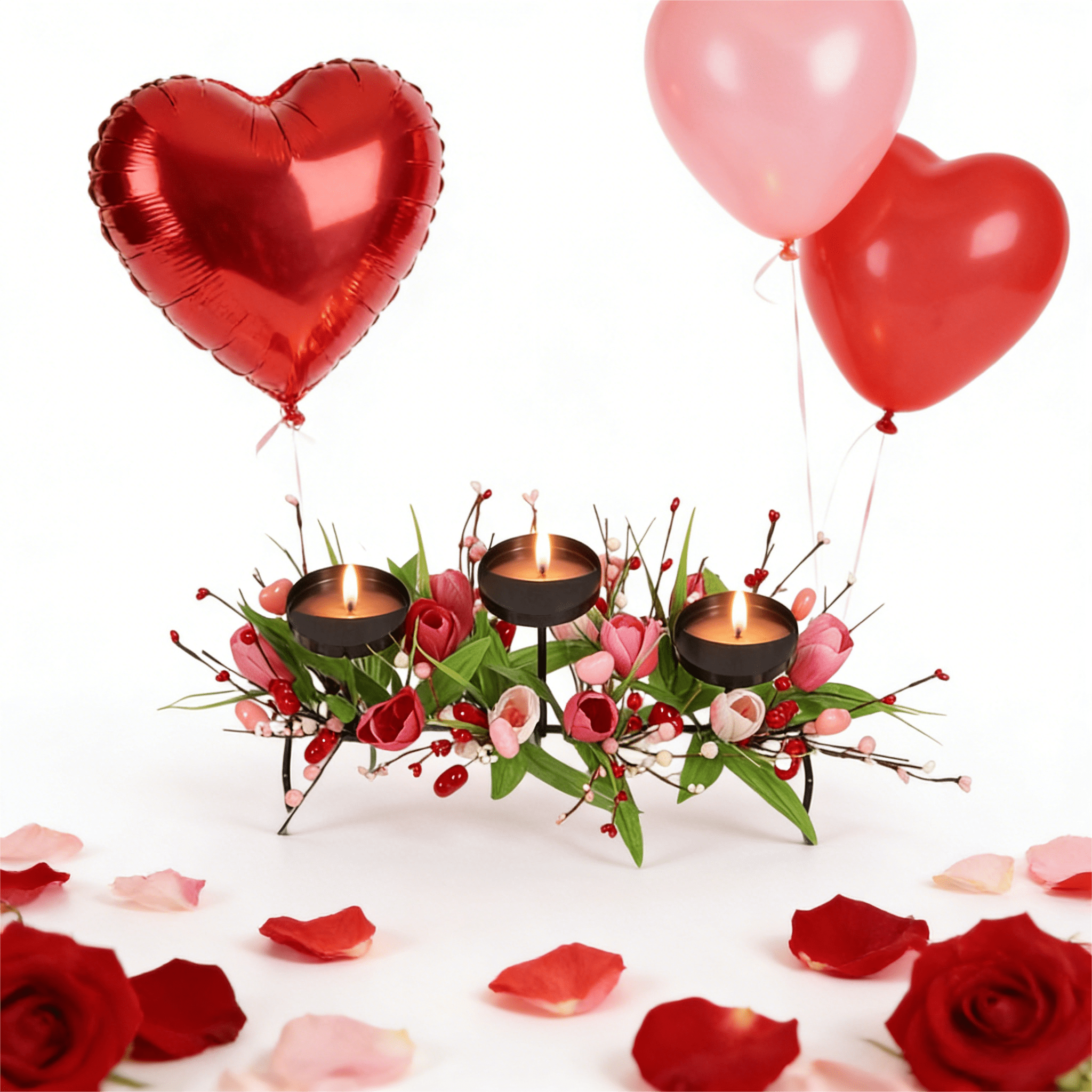 KUNPENG Floral 3-Candle Centerpiece with Peonies & Berries, Black Metal ...