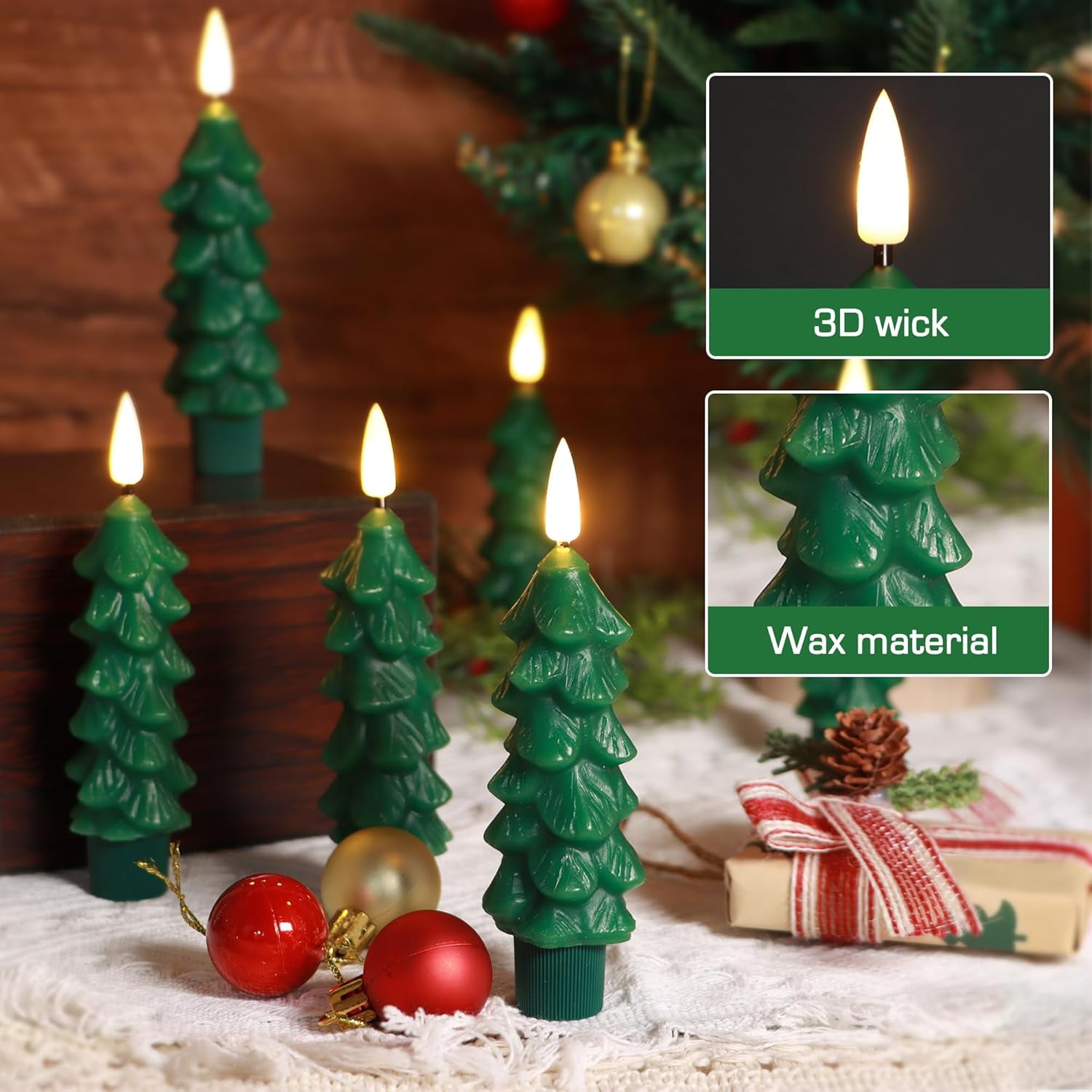 KUNPENG Resin Christmas Tree Candles with Remote Timer, Green Real Wax ...