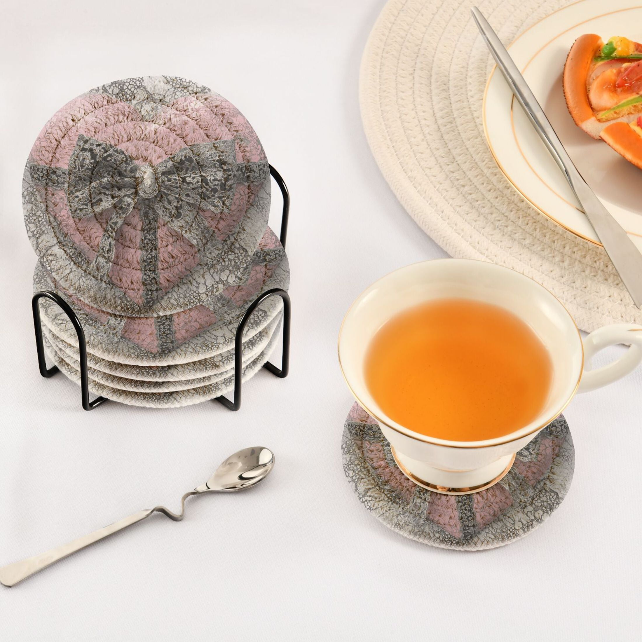 YAZAOO 6Pcs Drink Coasters With Holder 3.94Inch Pink Heart Lace Ribbon ...